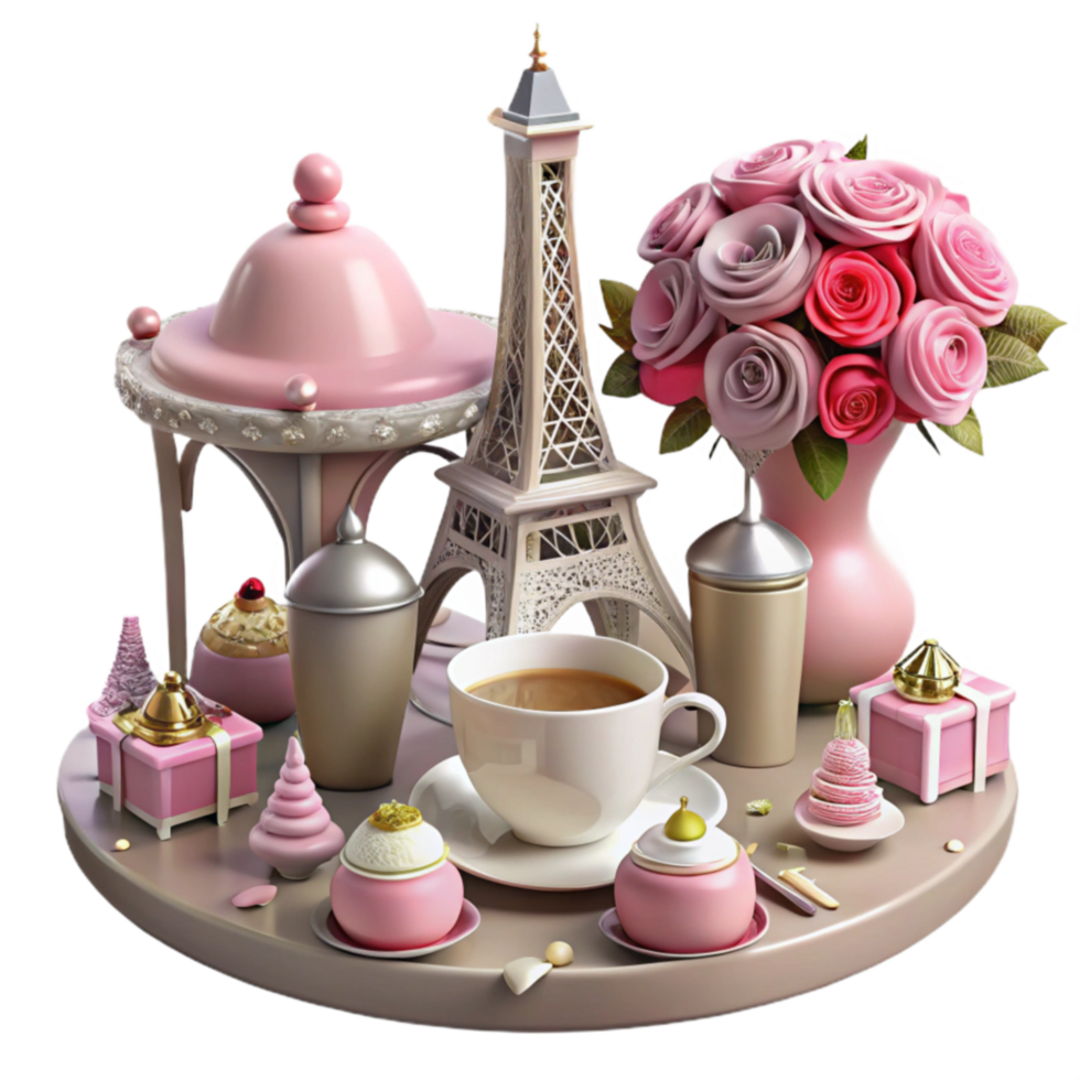vibrant abstract Parisian Tea Party Eiffel Tower Tea Set Pink Roses 4K 56591472 PNG
