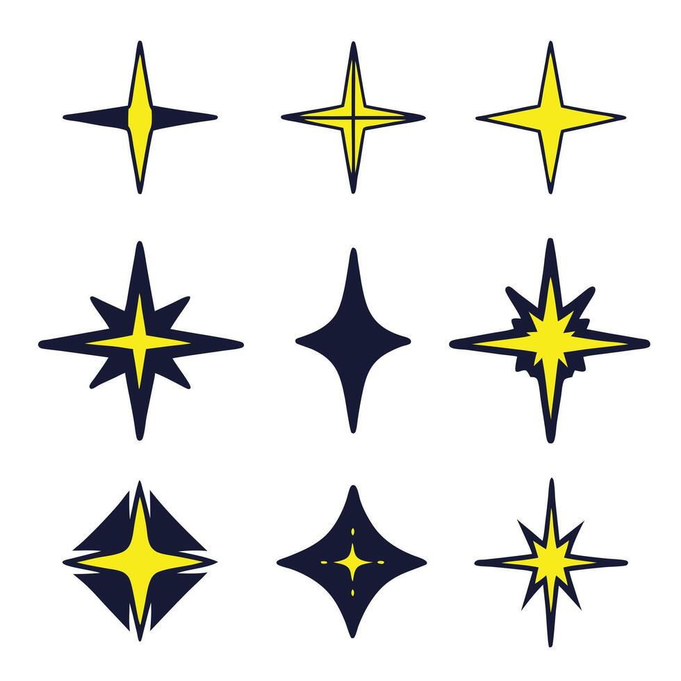 Nine Sparkling Star Icons Yellow, Dark Blue, Twinkling Designs 56613173 Vector Art at Vecteezy