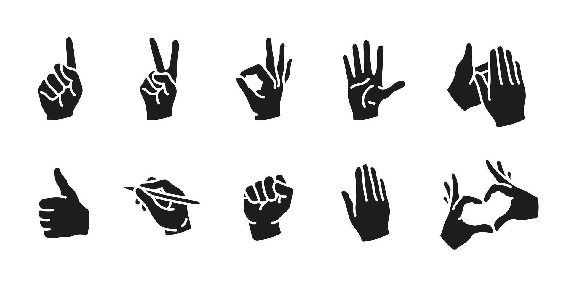 Hand gestures icon set black. Various expressive finger signs ...