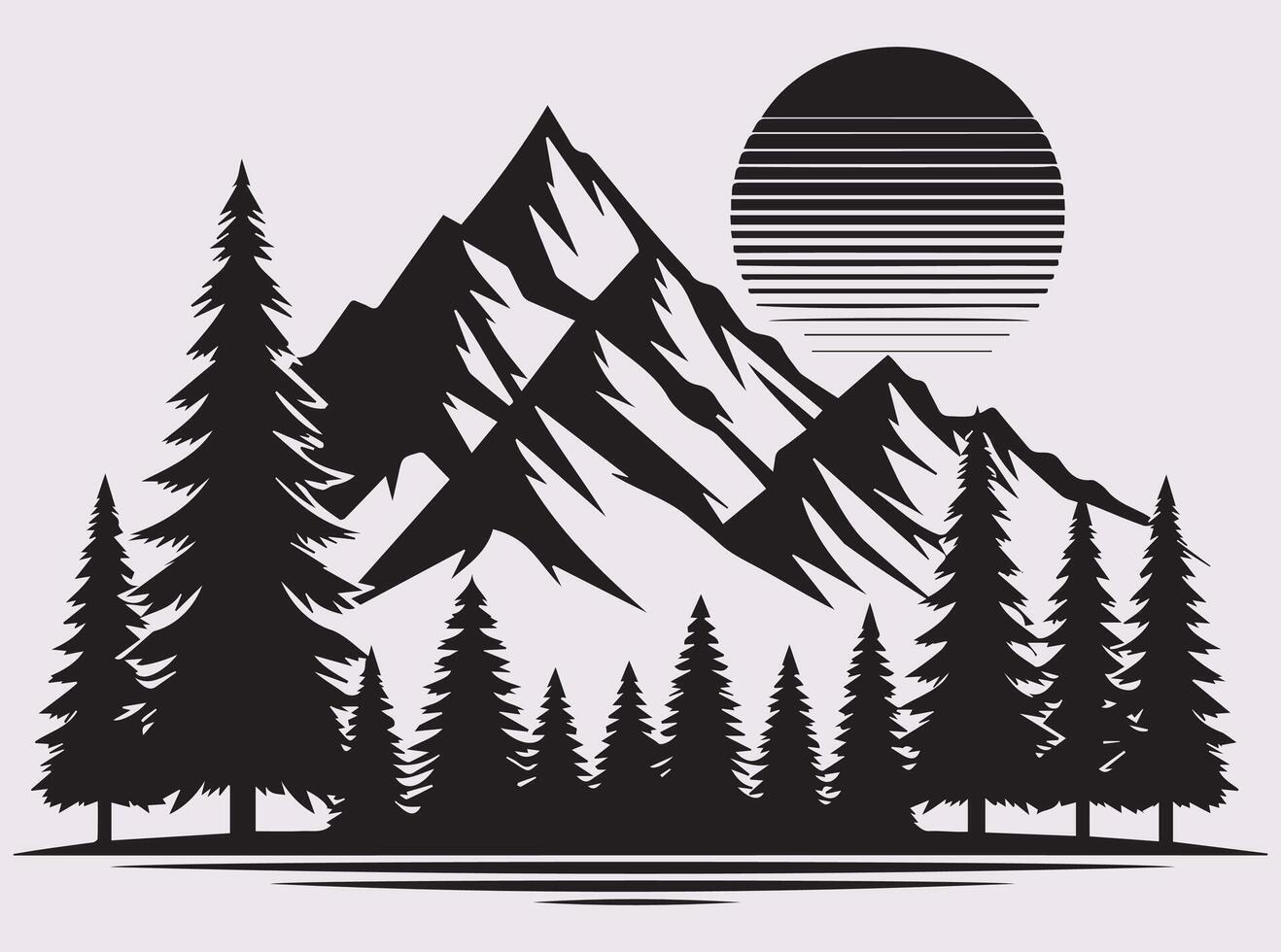 Solid Black Color Pine Tree Mountain Landscape Silhouette for Art and ...