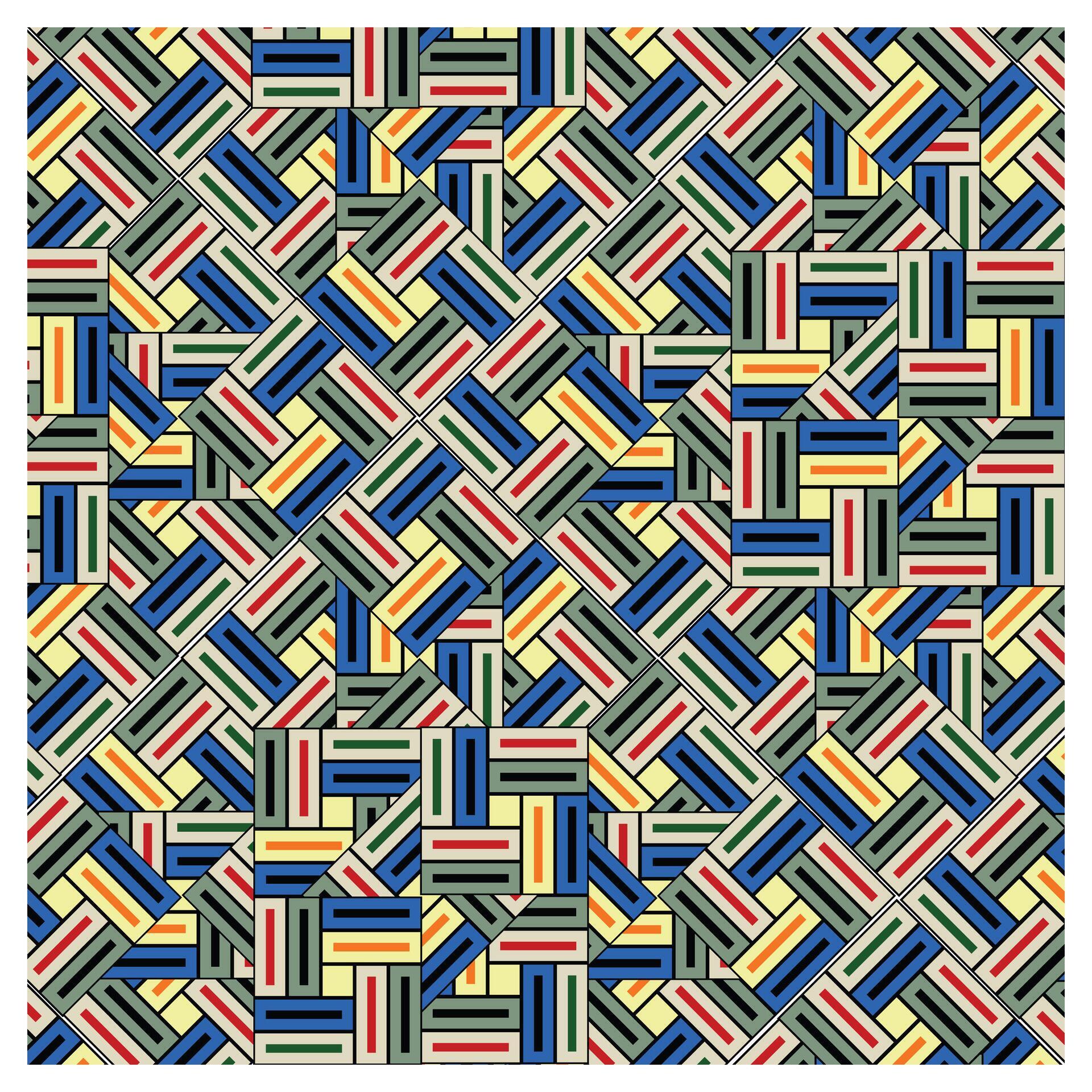 A colorful square print geometric pattern with interlocking rectangles ...