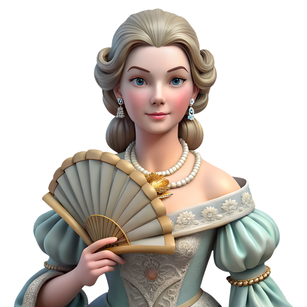 aristocrático joven mujer con ventilador 3d ilustración aislado. rococó estilo 56621213 PNG