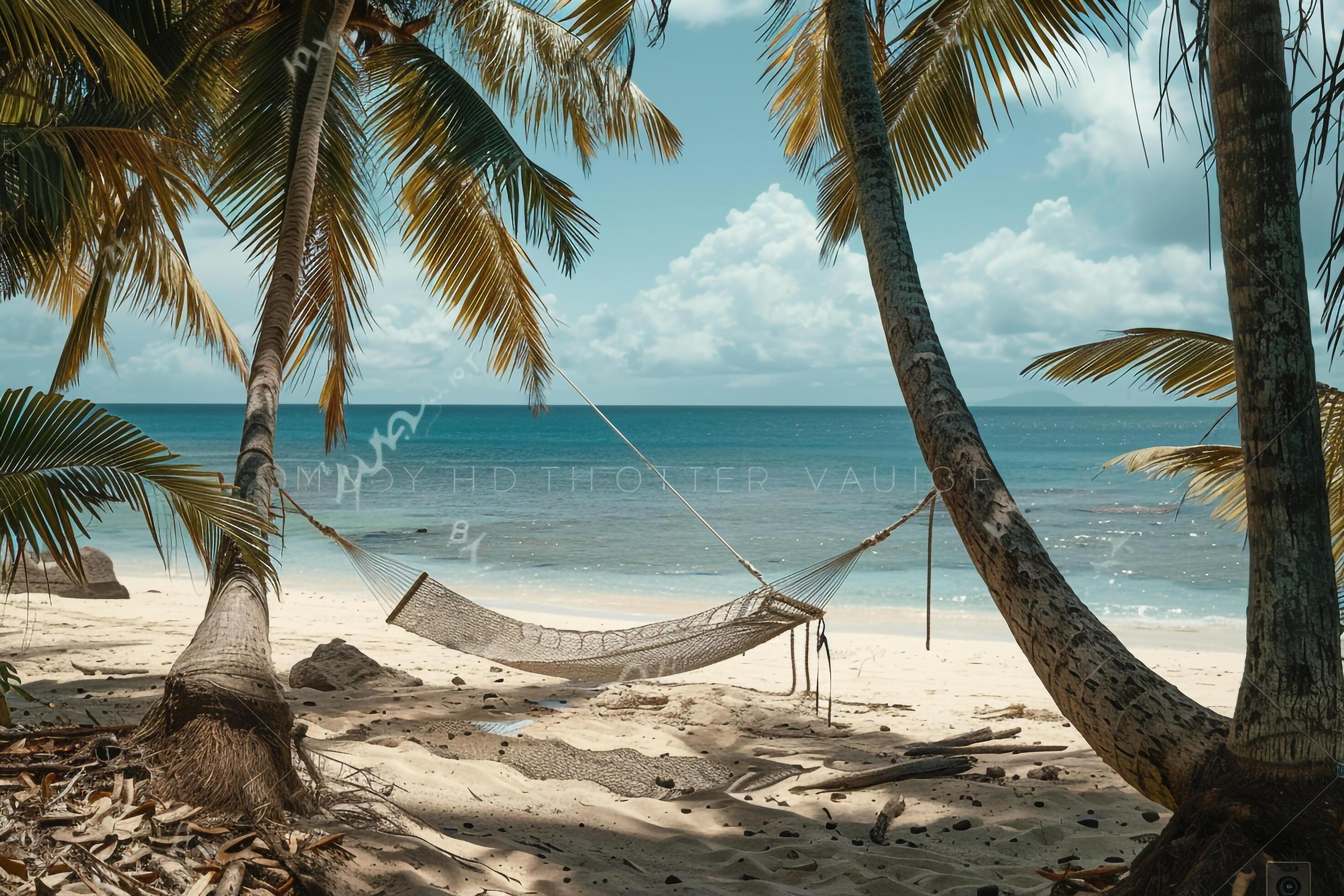 Beach with palm trees and hammock tied between two trees overlooking turquoise waters nature ...