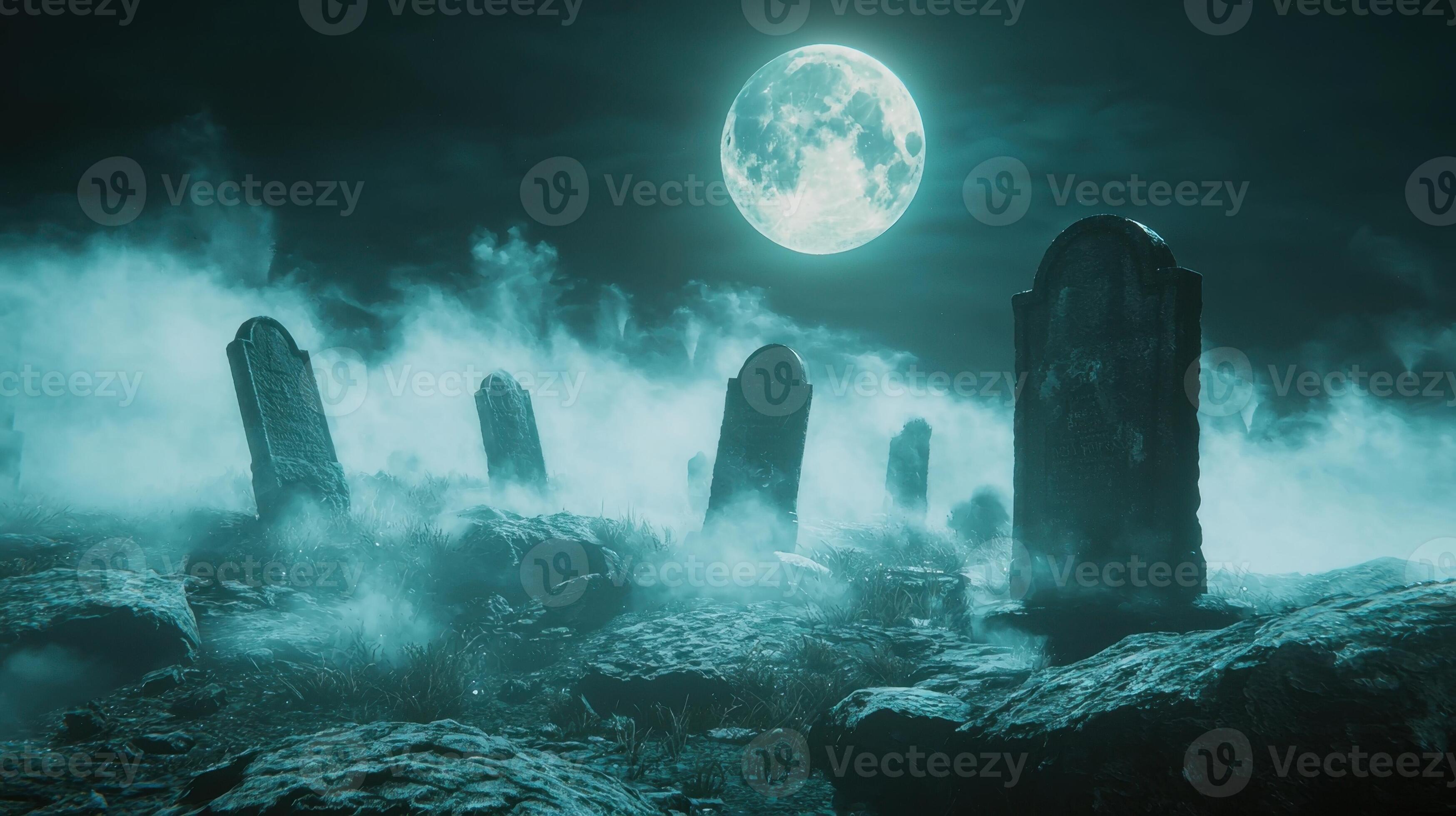 A haunting graveyard is shrouded in mist under the glow of a bright full moon. Old tombstones ...