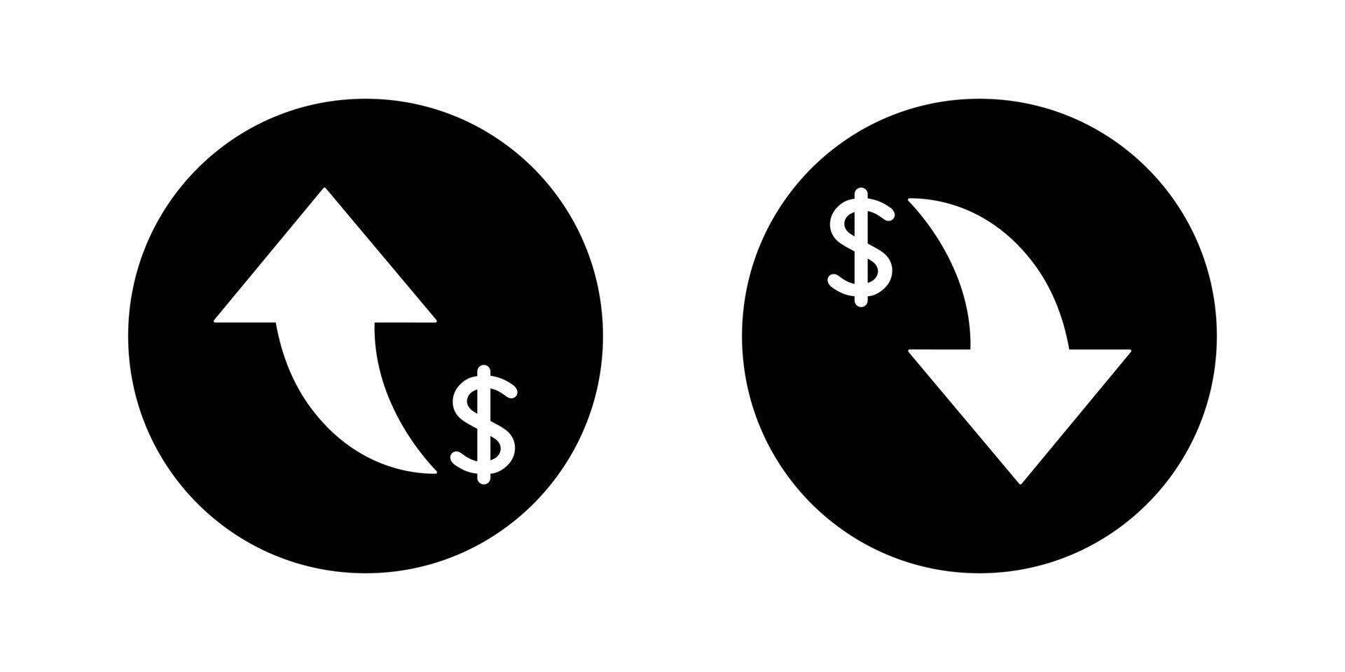 Dollar up and down icon on black circle. USD currency arrow increase ...