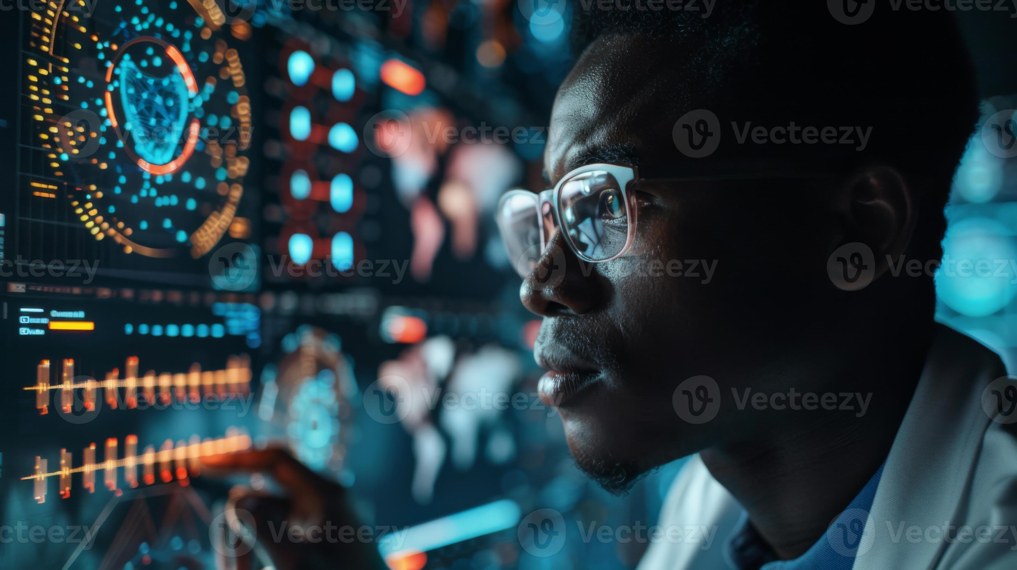 A scientist in a white lab coat observes complex data visualizations on multiple computer ...