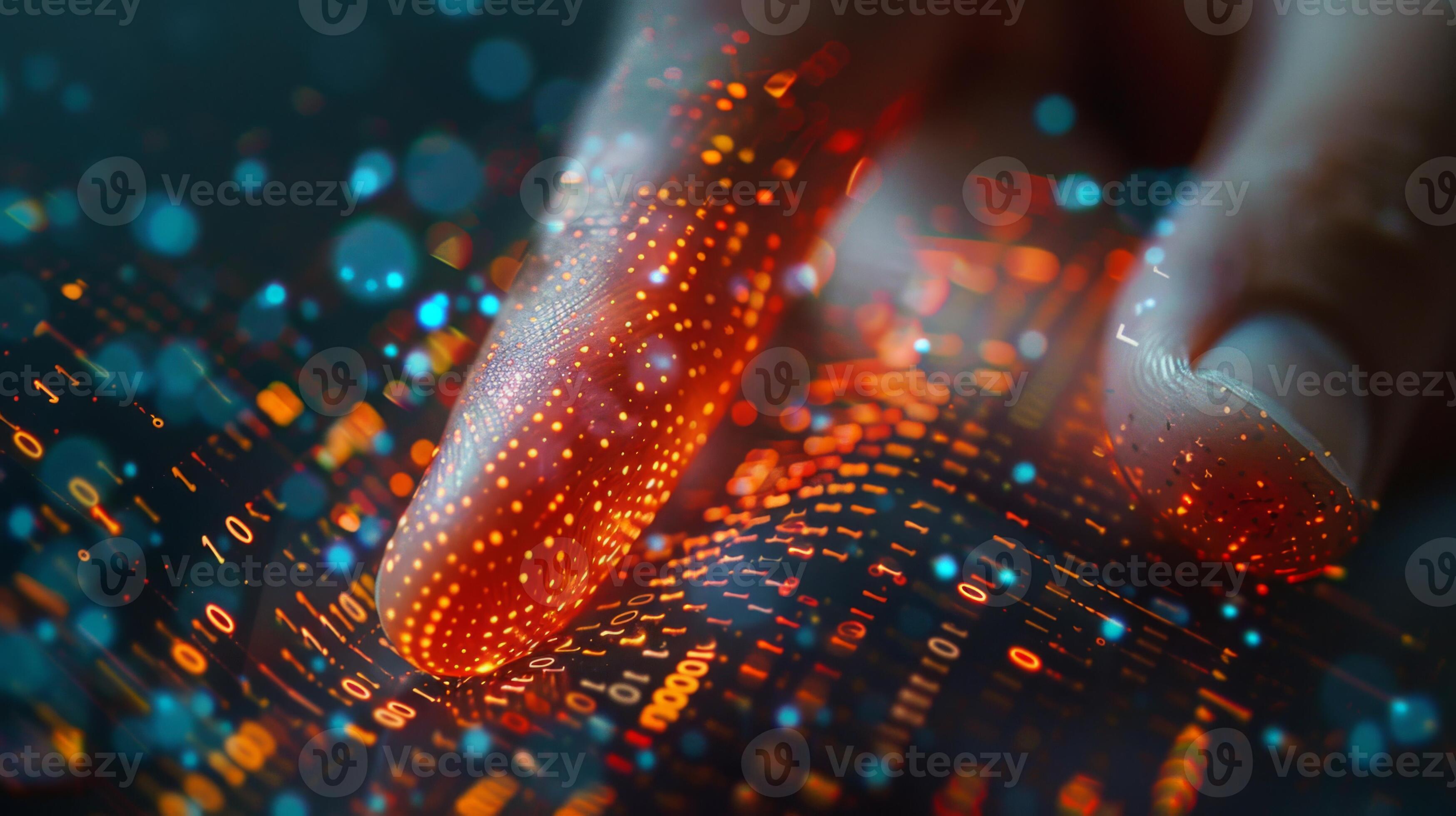 A hand hovers over a surface displaying glowing binary code and particles, illustrating the ...