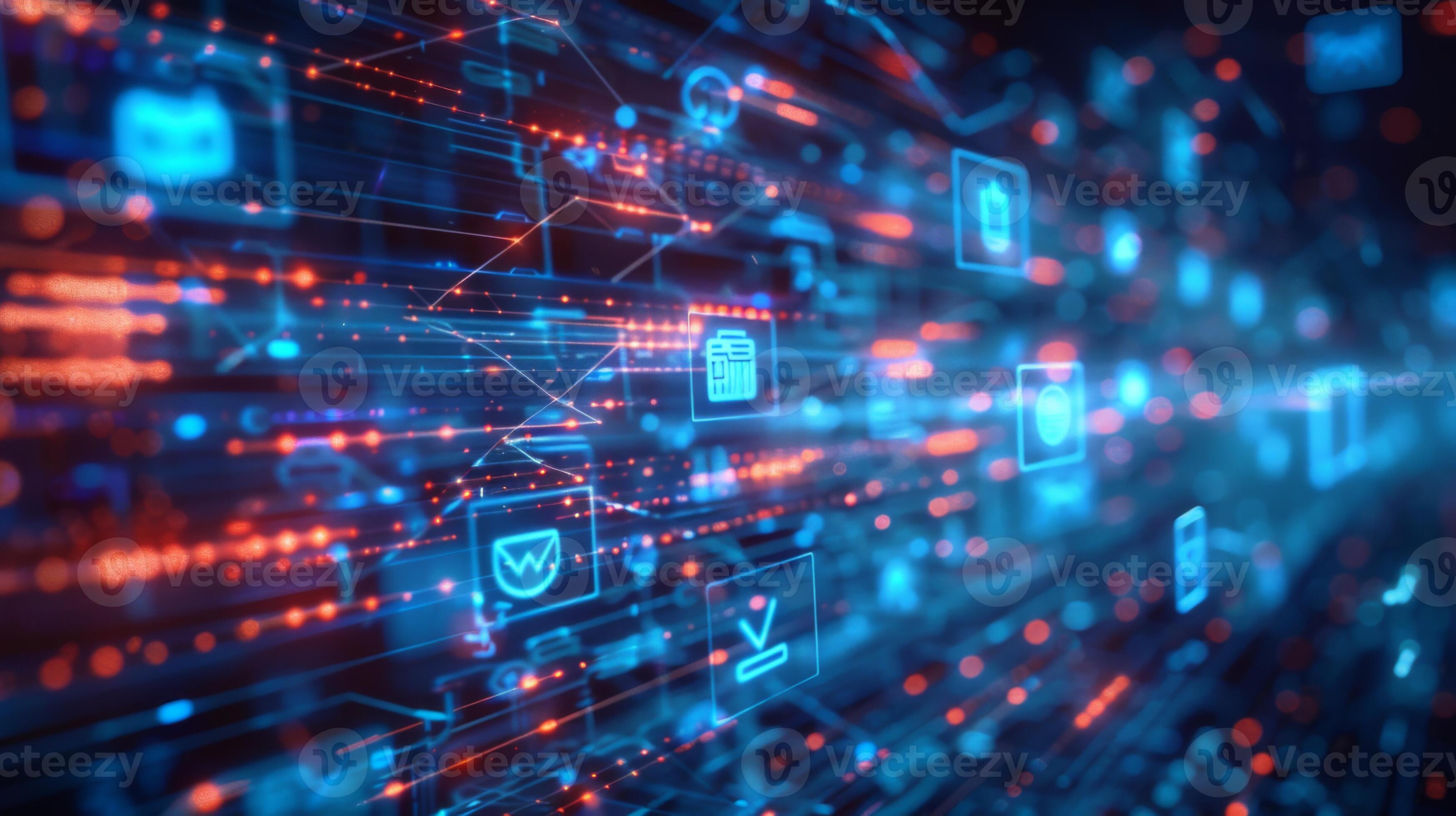 A vibrant digital ecosystem is illuminated with interconnected icons and streams of data. The ...