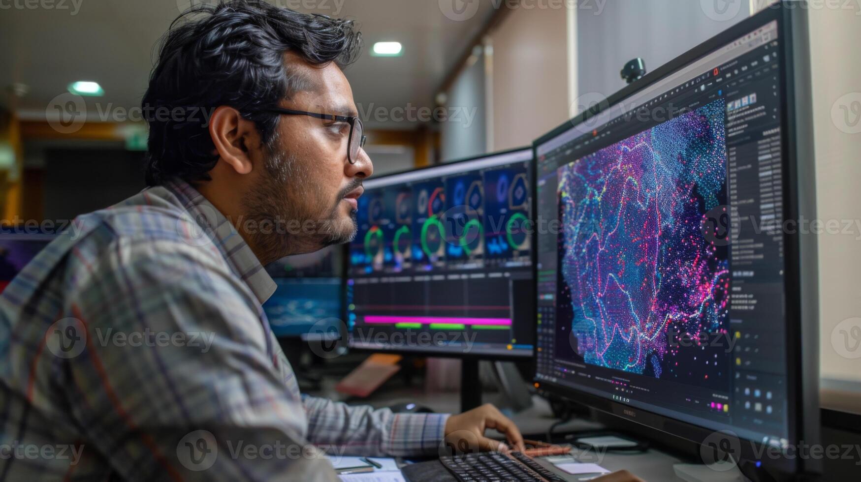A focused individual engages in data analysis at a workstation ... A focused individual engages in data analysis at a workstation ...