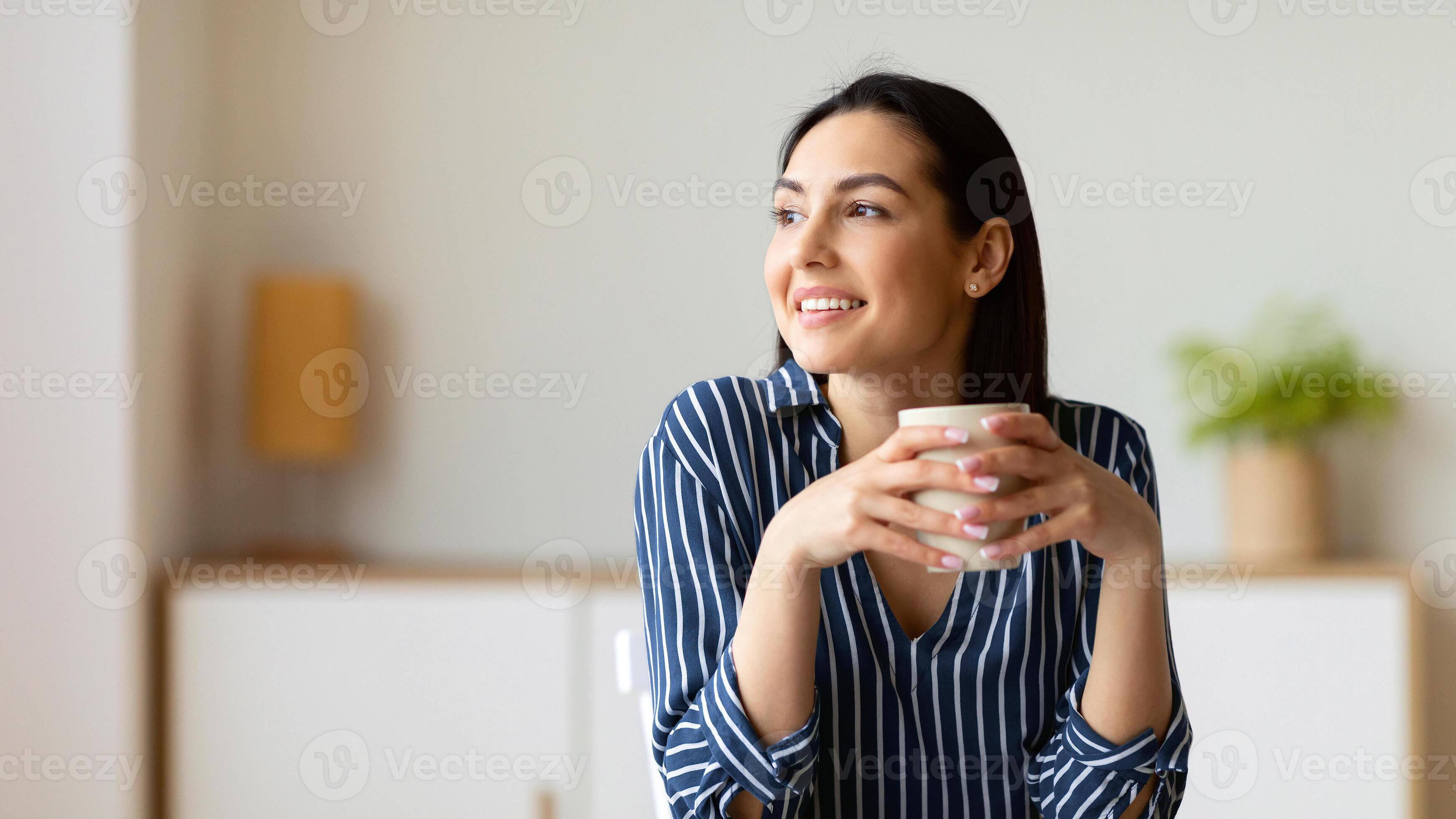 Entrepreneur Woman Smiling Having Coffee At Workplace Sitting In Modern Office. Dream Job And ...
