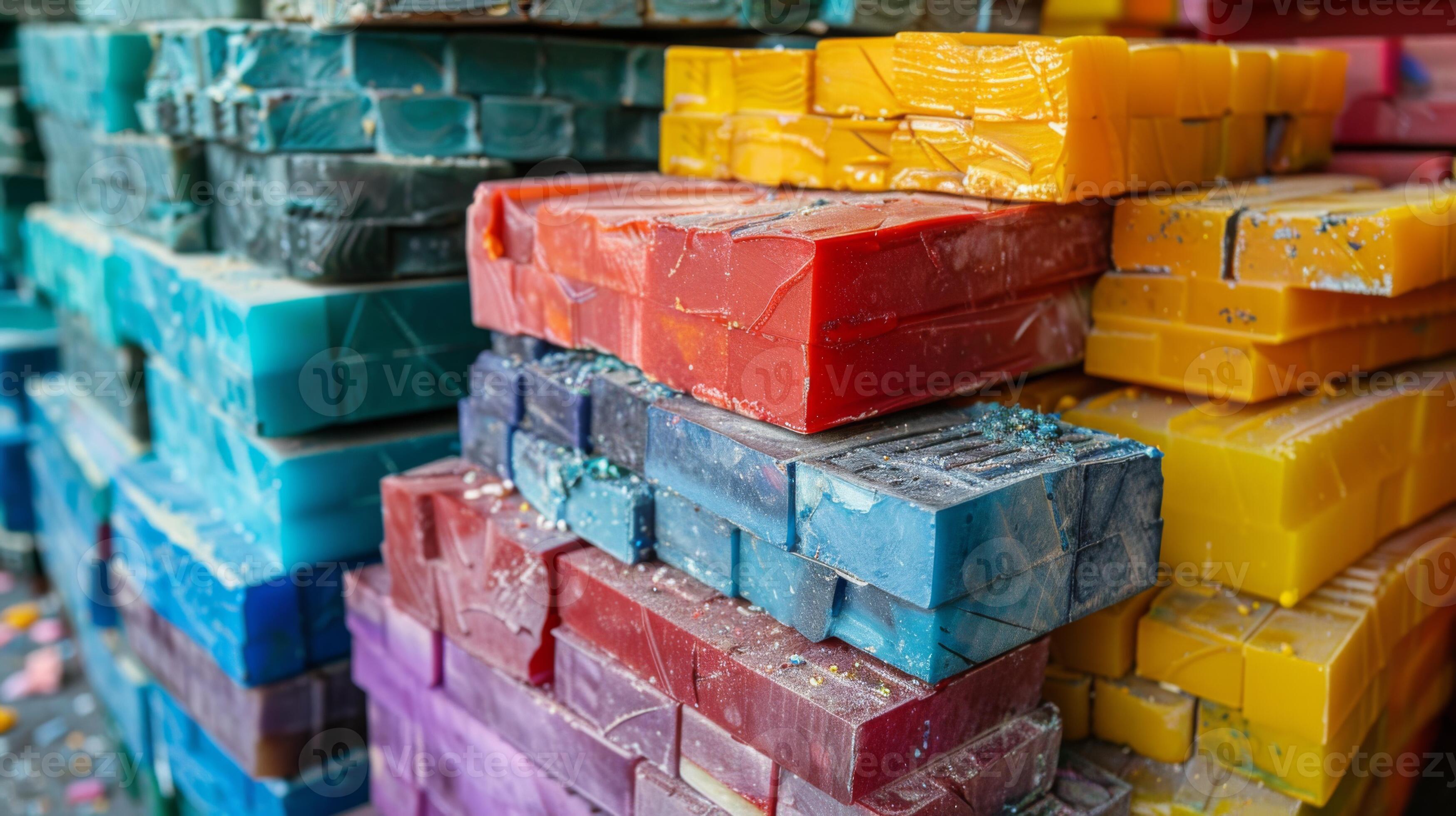 vistoso bloques de hecho a mano jabón son apilado pulcramente en un ...