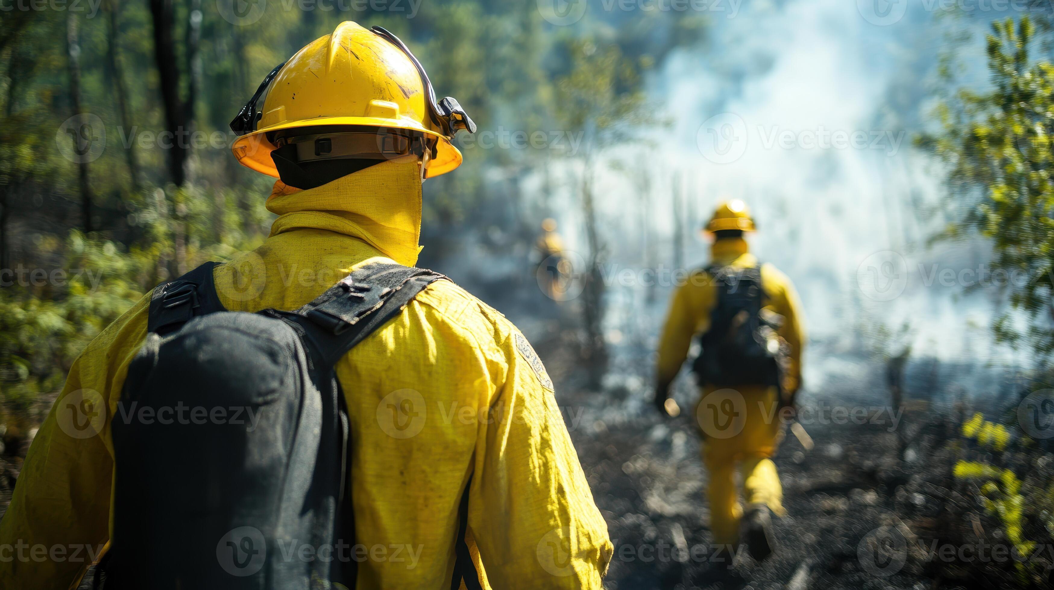 Firefighters in Yellow Gear Battling Forest Fire in Smoky Woodland ...