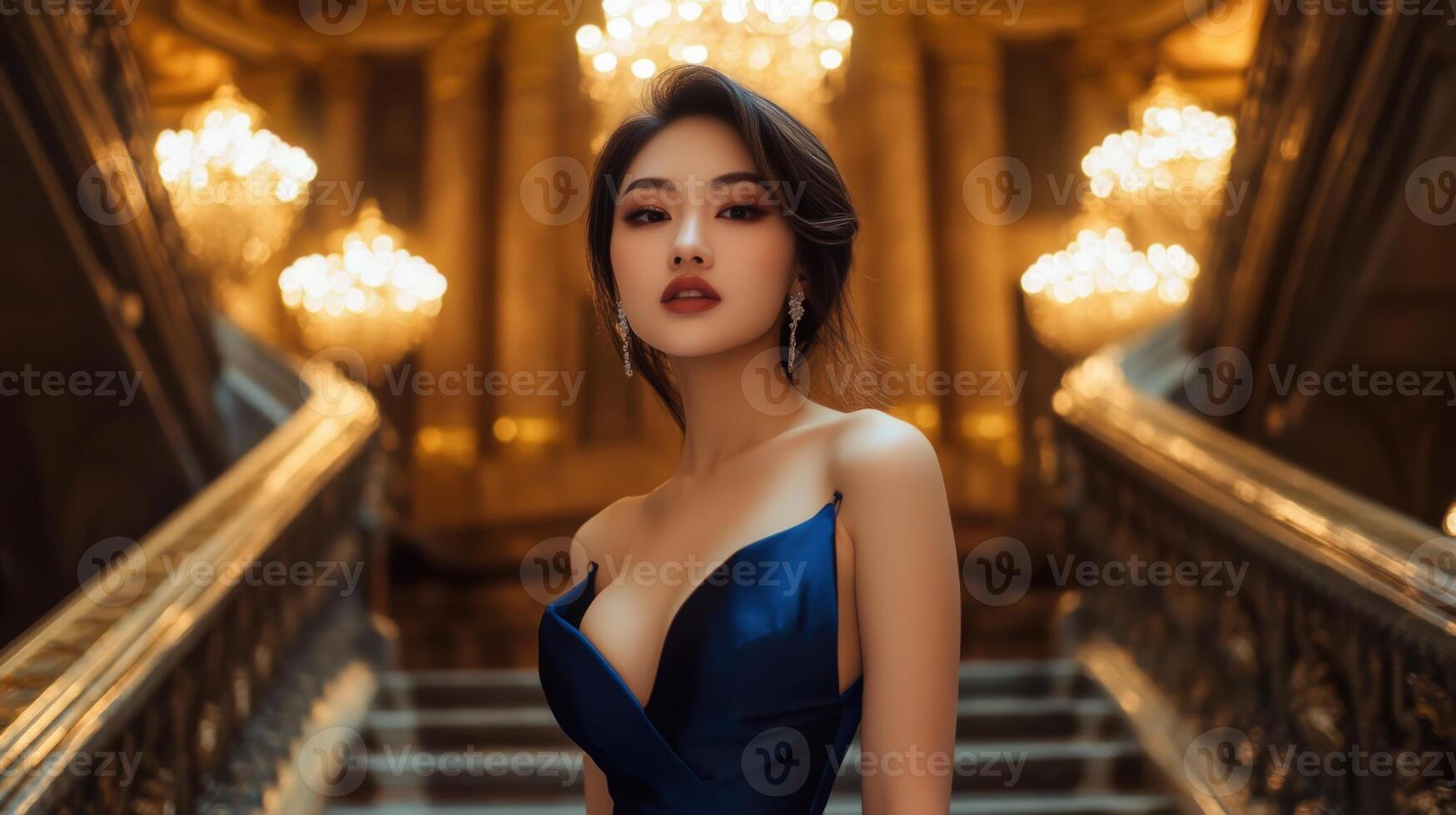 Elegant Woman in Blue Gown Posing on Grand Staircase 56651638 Stock Photo at Vecteezy