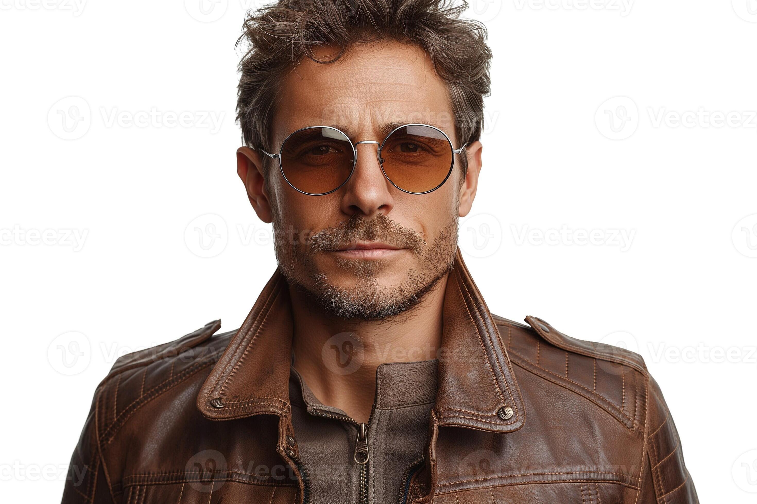 A stylish Caucasian man in sunglasses and a brown leather jacket exudes ...