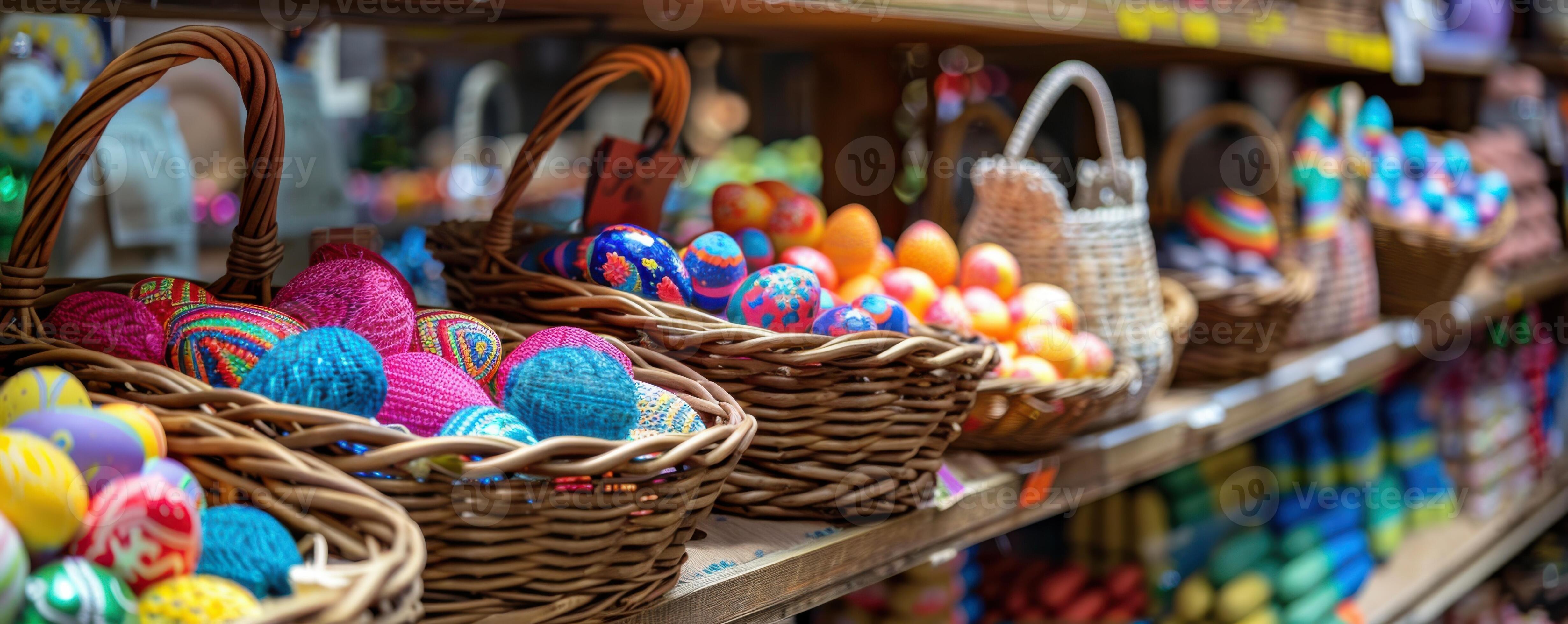 Easter baskets filled with colorful decorated eggs on display in a ...