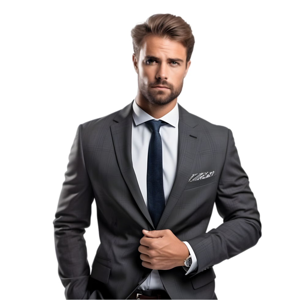 Professional male model posing in business suit indoor studio portrait ...