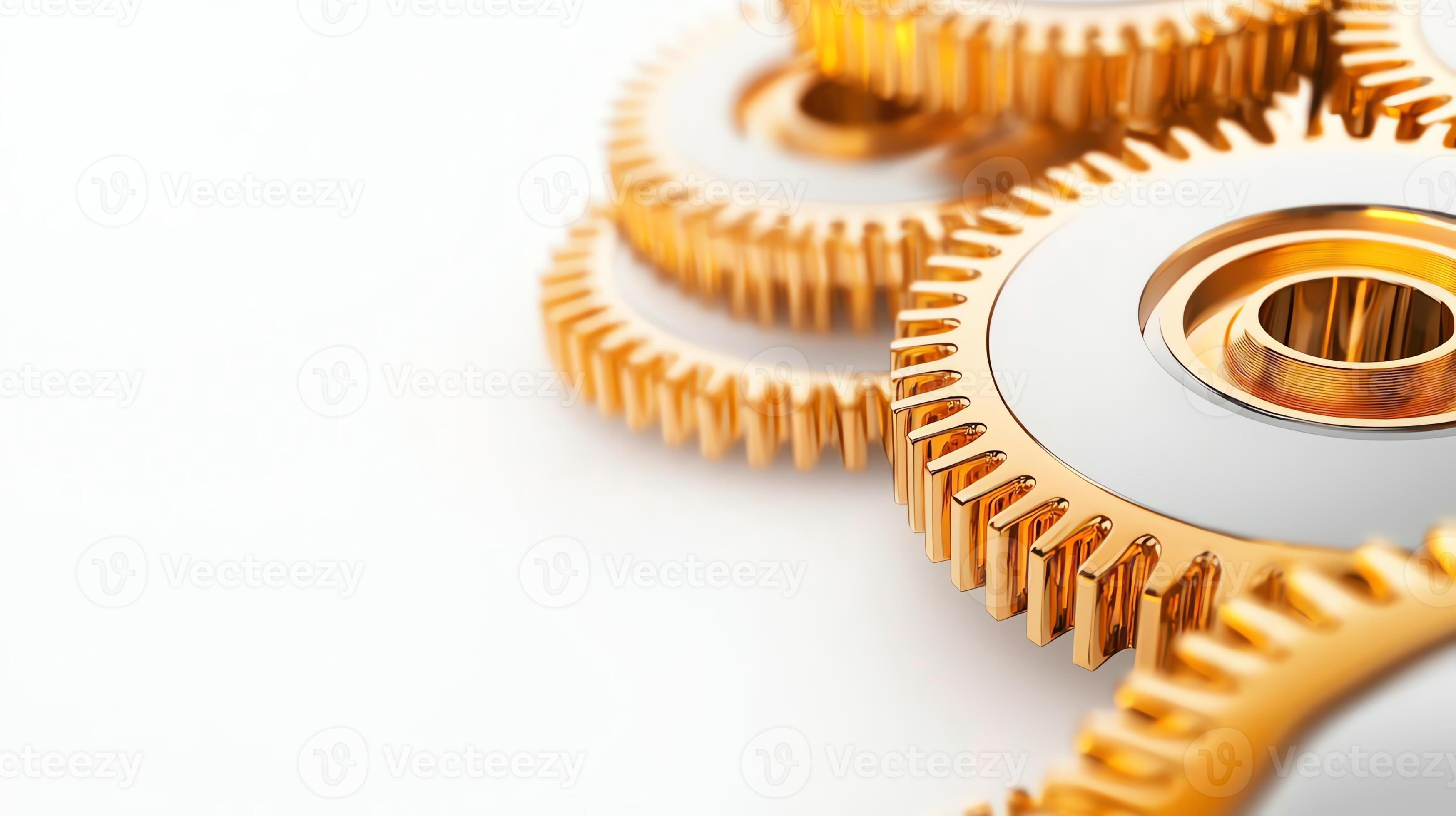 A close-up view of golden gears interlocking seamlessly, showcasing mechanical precision and ...