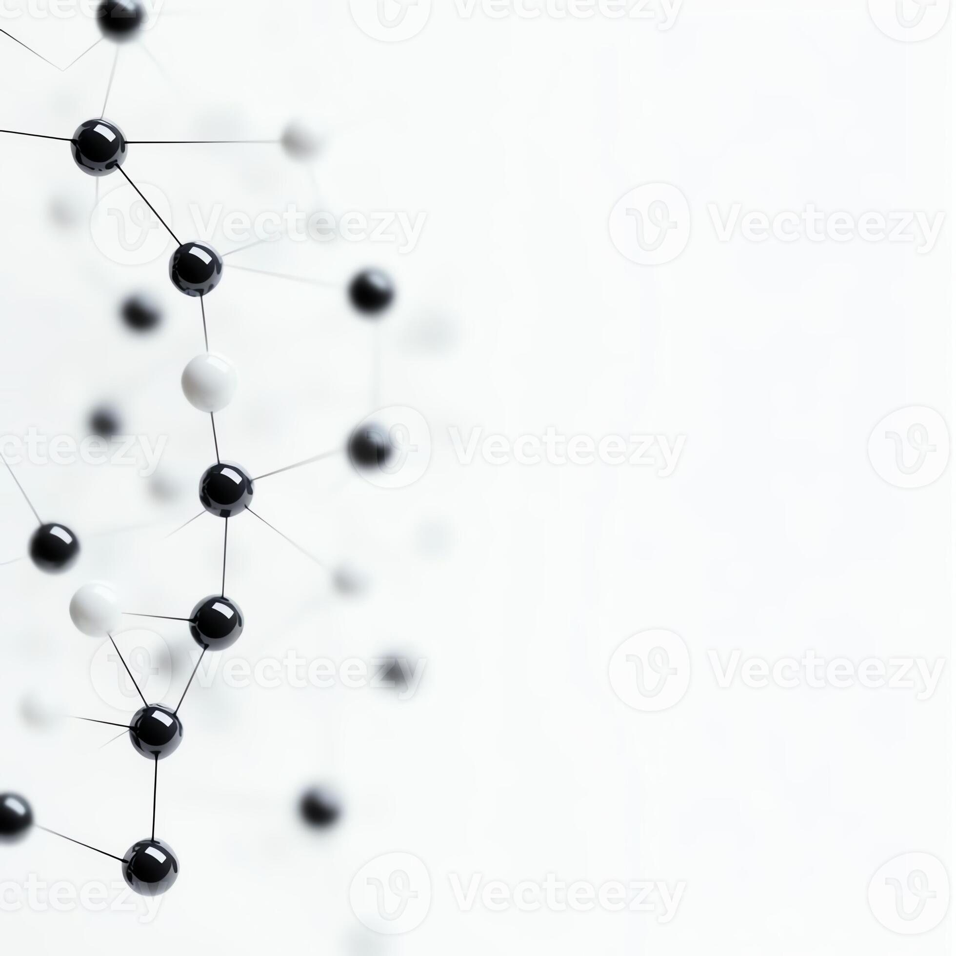 A close-up image of molecular structures showcasing black and white spheres connected by thin ...