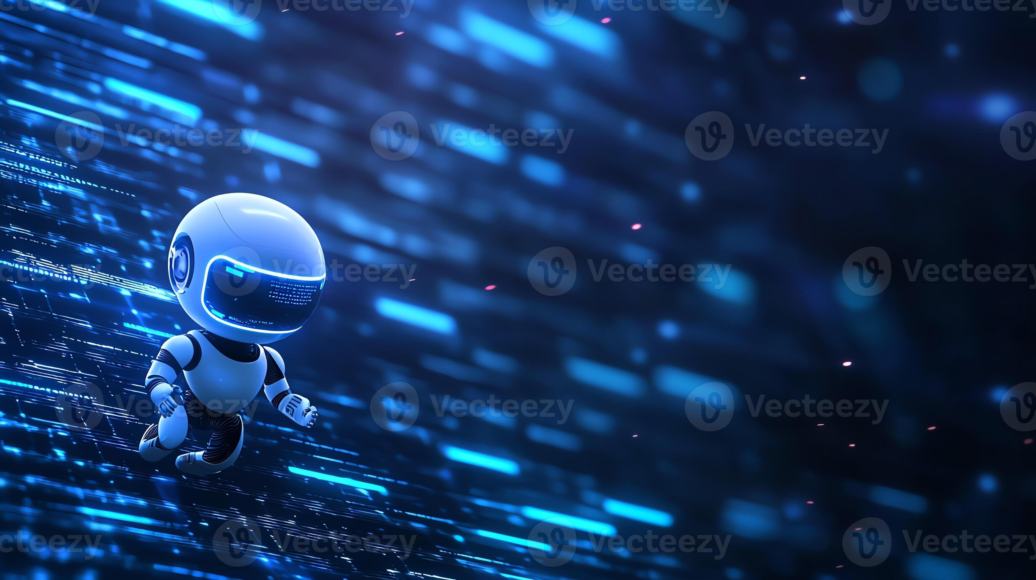 A futuristic robot navigating through a digital landscape filled with bright blue data streams ...
