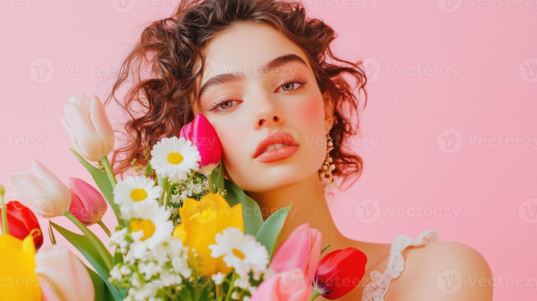 Young beautiful woman holds vibrant bouquet of flowers against soft ...