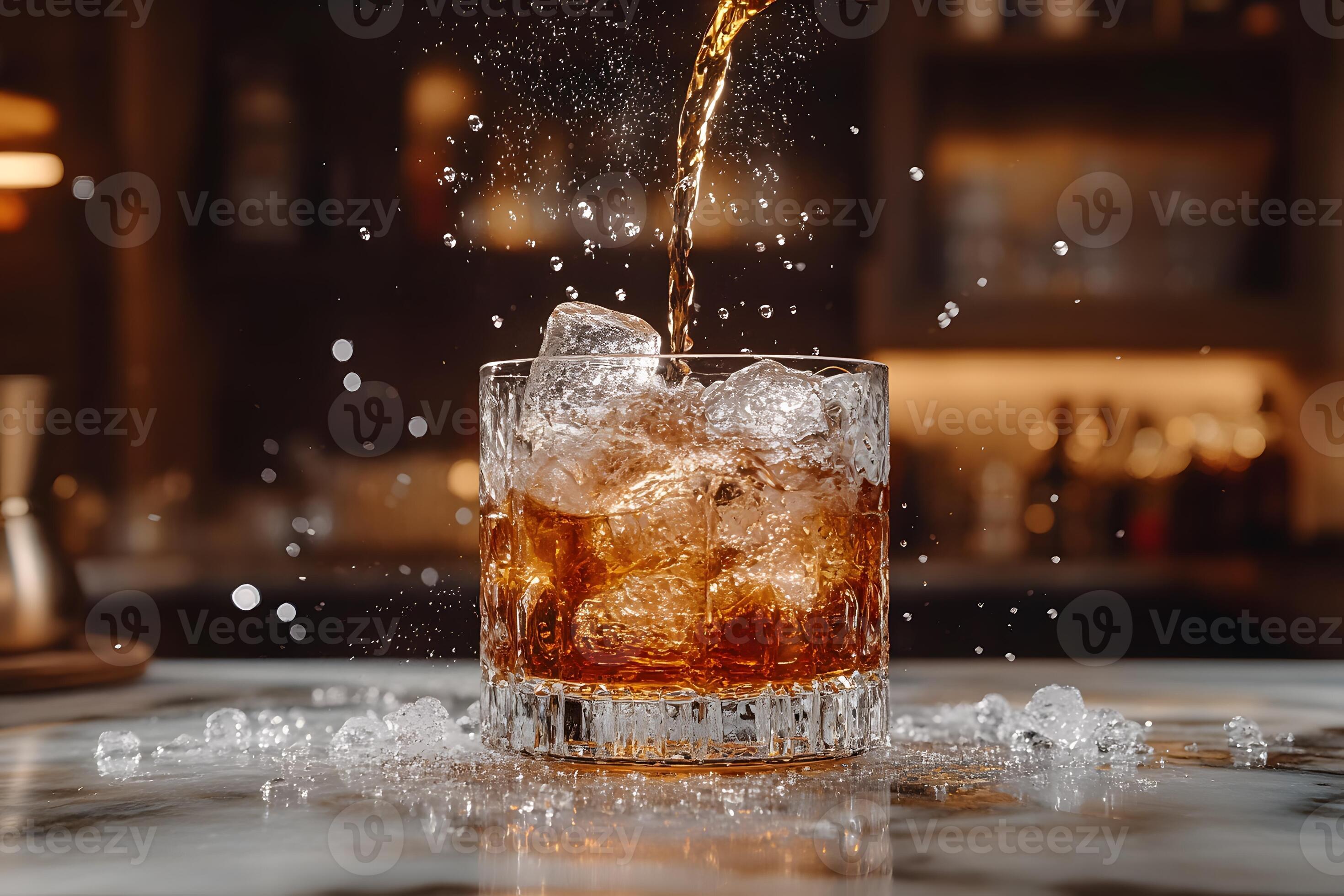 Refreshing Whiskey Cocktail Pour with Ice Cubes in Glass - Perfect for Beverage and Bar Design ...