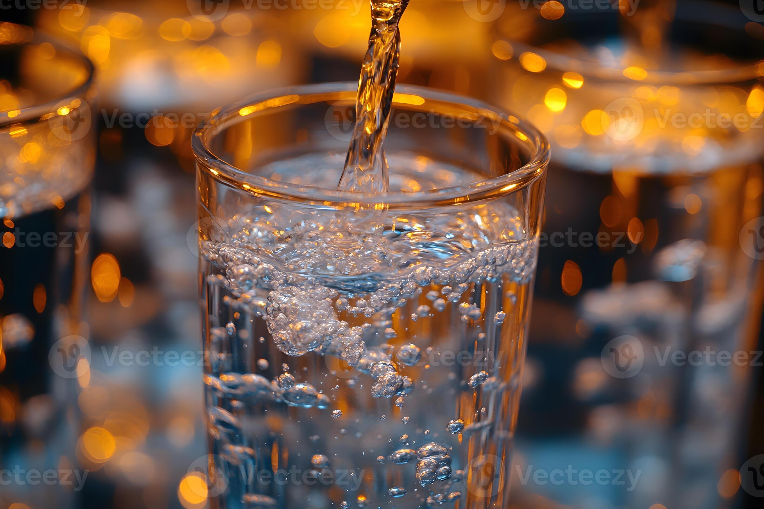 Refreshing Sparkling Water Pouring into Glasses with Golden Lighting for Beverage Concepts ...