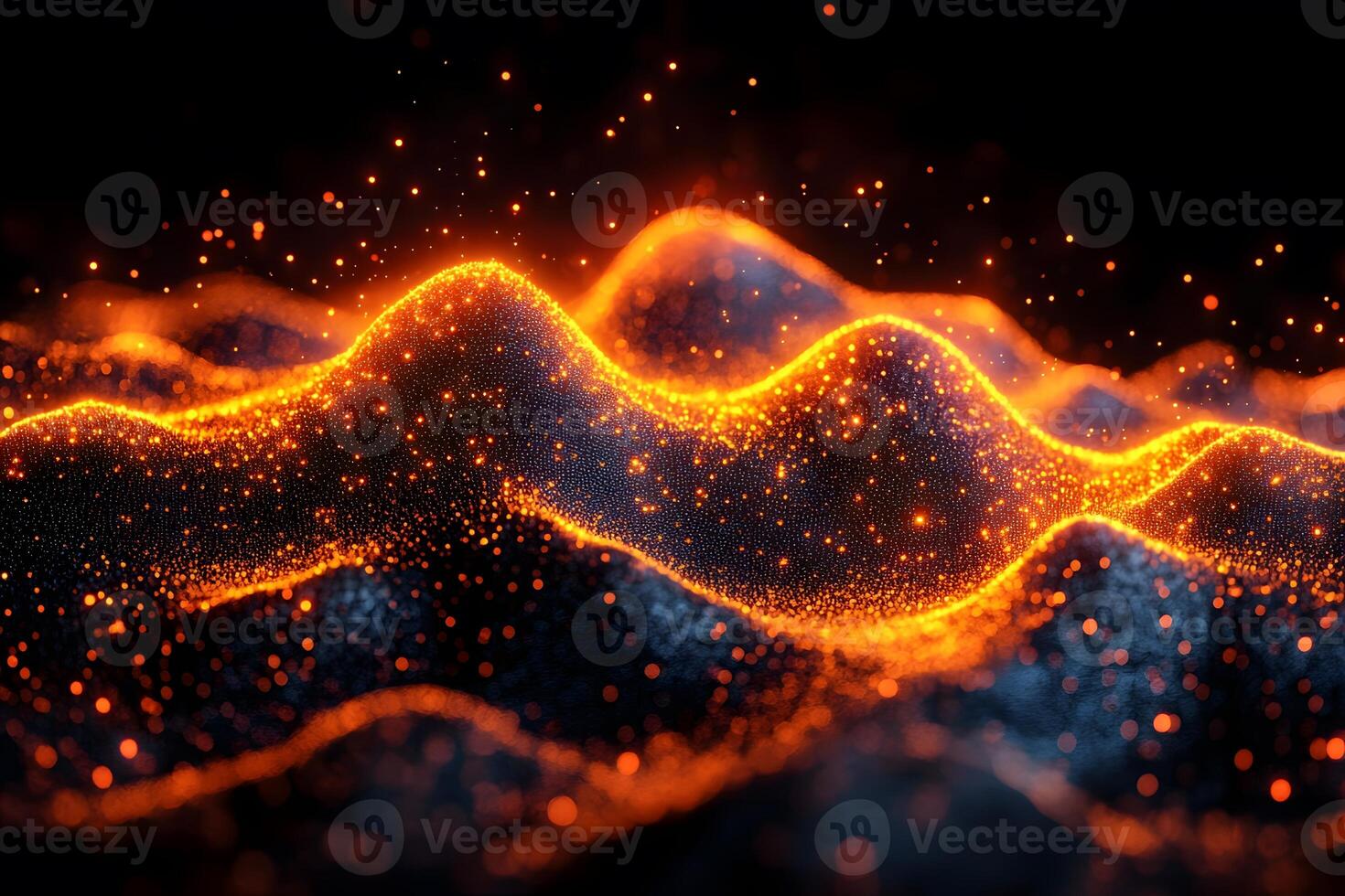 Abstract Glowing Waveforms With Orange Particles In Dark Digital