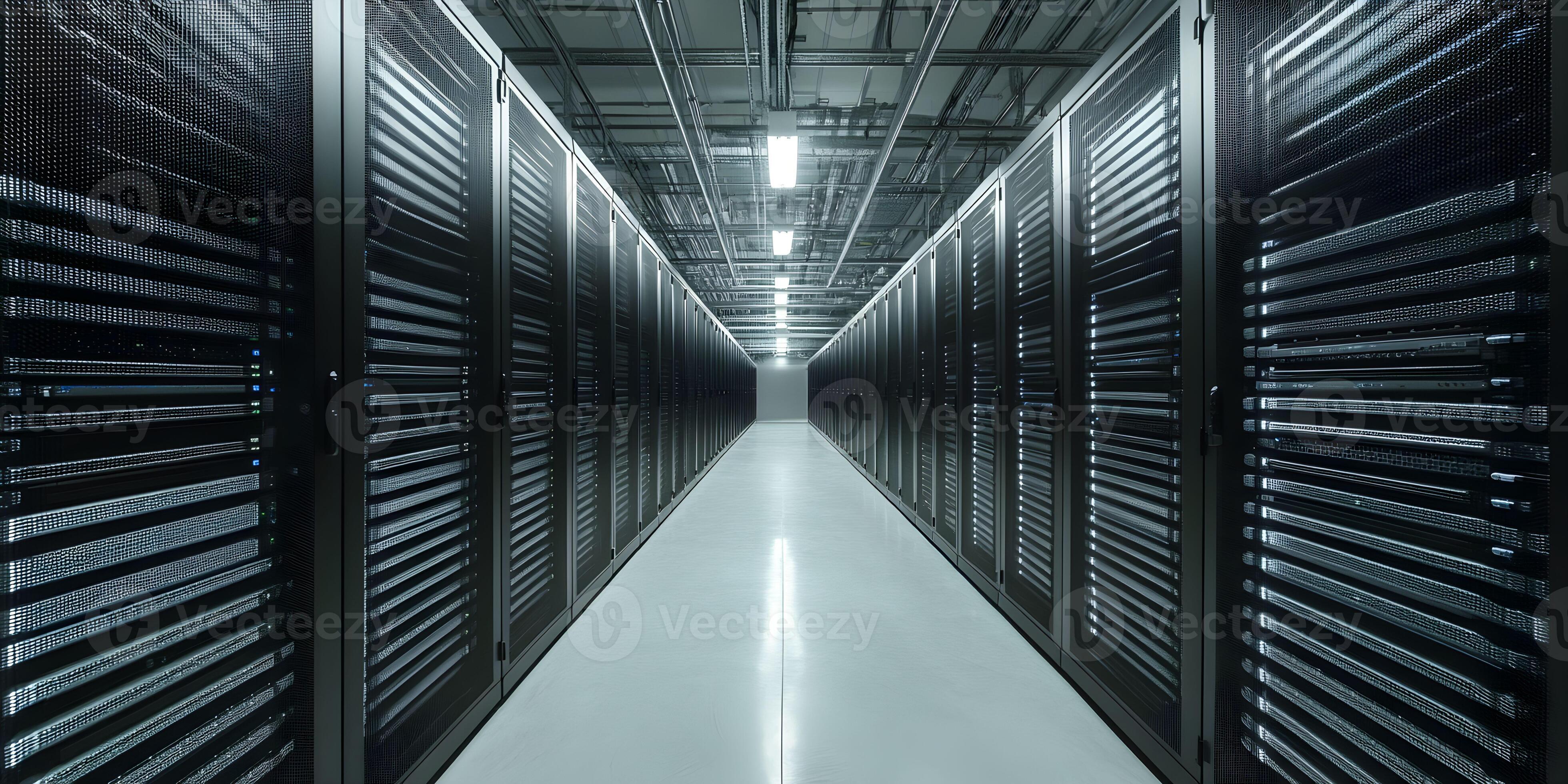 Data center corridor lined with server racks showcasing modern technology and infrastructure ...
