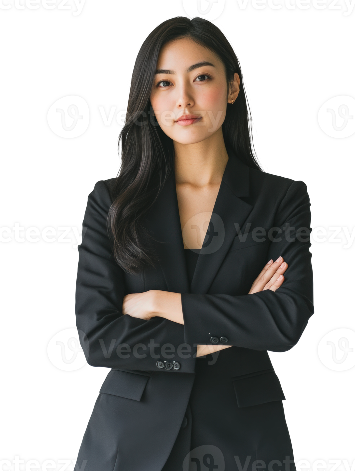 Professional young woman wearing black suit poses confidently with arms ...