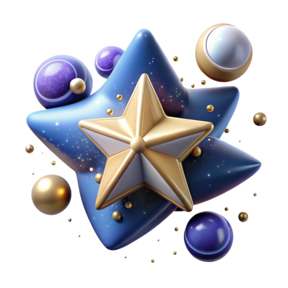 außergewöhnlich klassisch Gold Star 3d machen mit Blau und lila Kugeln Original- 56763393 PNG