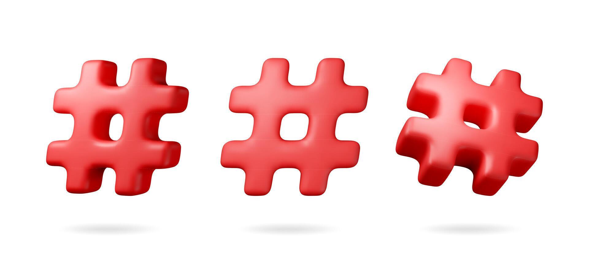 3d red realistic hashtag symbol isolated on white. Render hash tag icon ...
