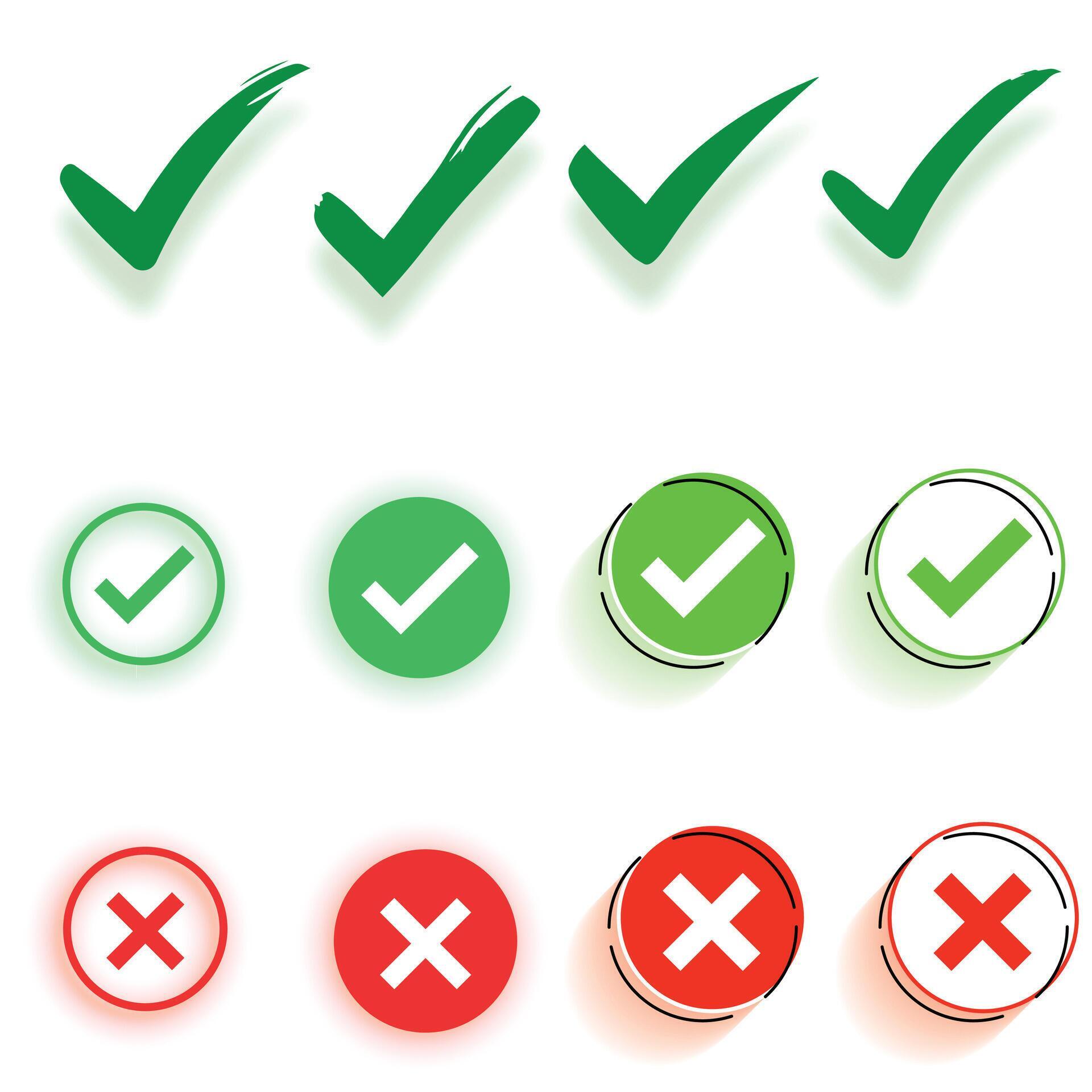 A new The set of check mark icons. Green tick and red cross check marks flat line icons set ...