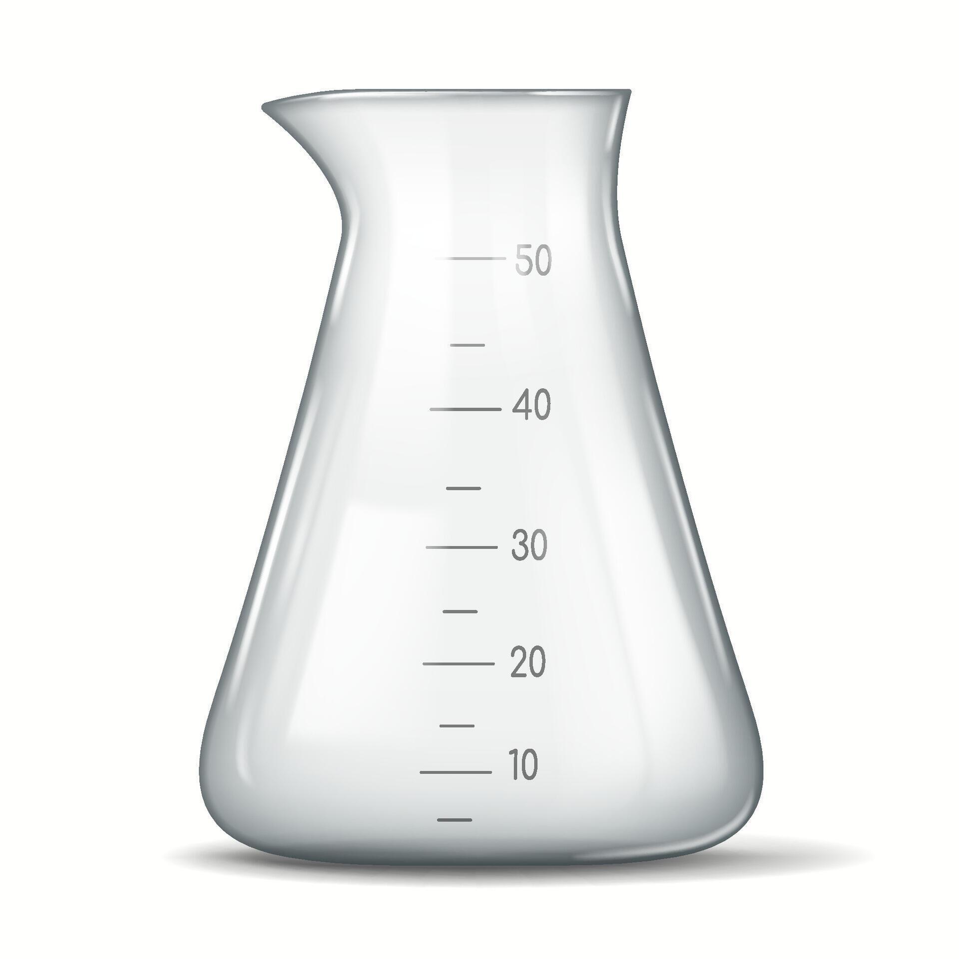 Illustration of a clear laboratory beaker featuring measurement marks. The beaker's elegant ...