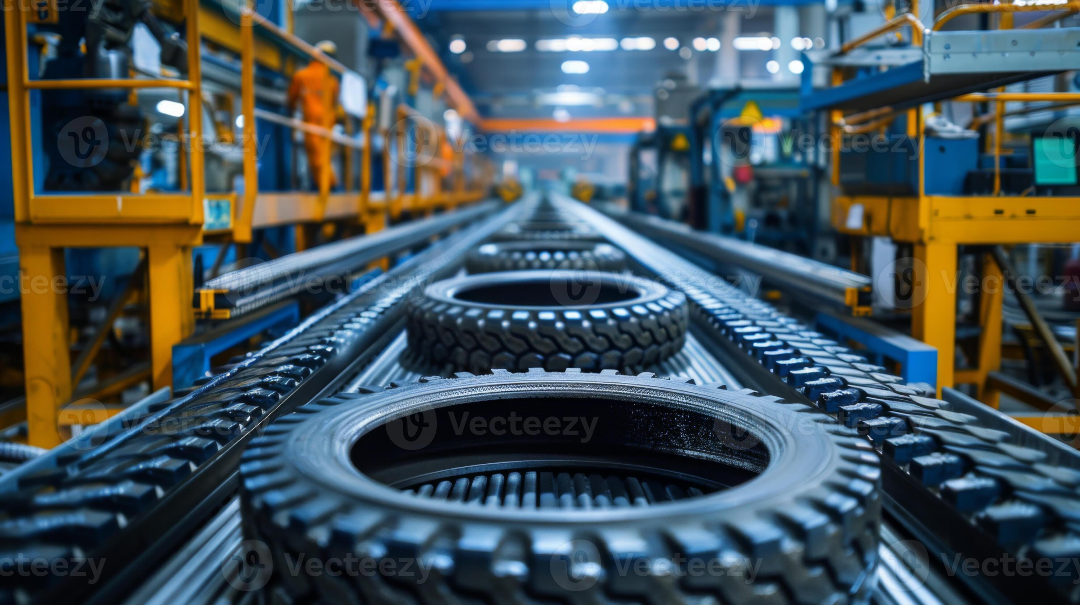 Workers operate equipment in a busy factory as tires move along the conveyor system, emphasizing ...