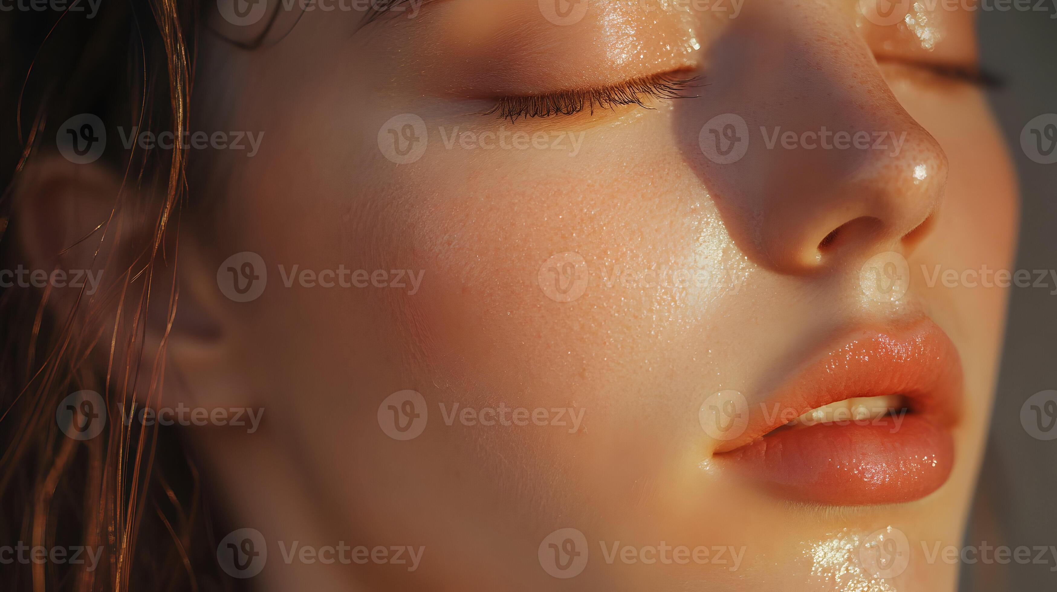 Close up portrait of a serene woman with glowing skin and sun kissed lips 56798963 Stock Photo ...