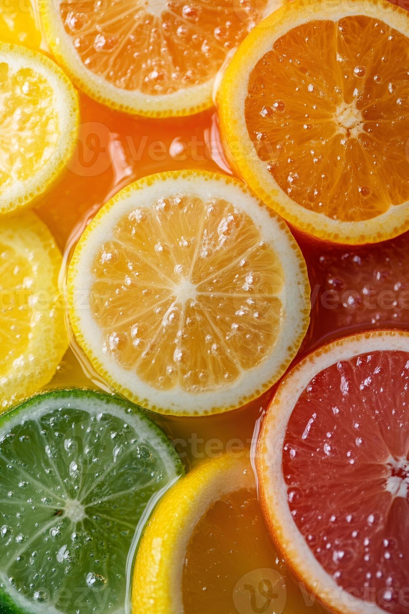 Slices of citrus fruits floating in juice creating refreshing background 56799673 Stock Photo at ...