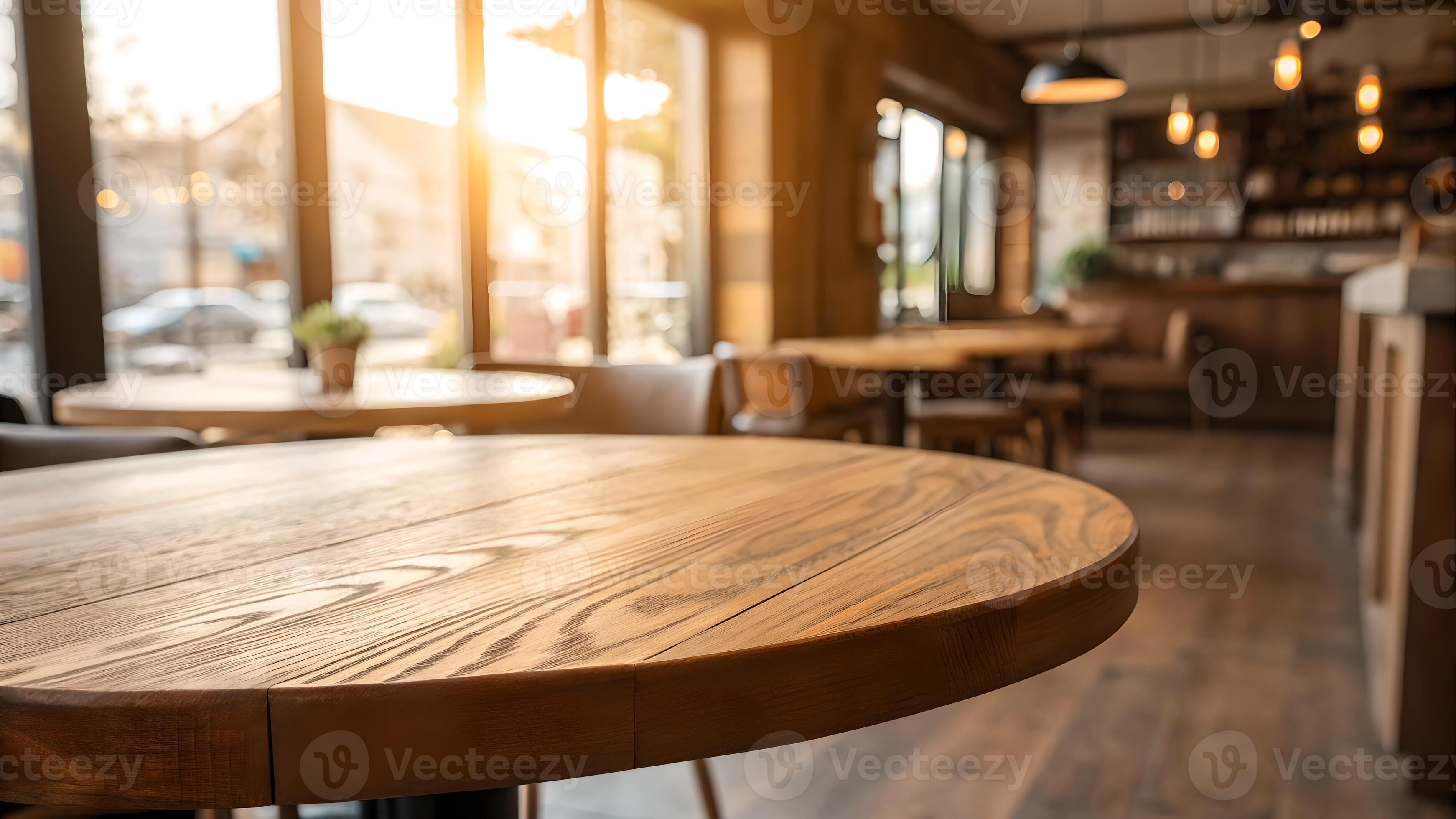 Sunlit Oak Table in Cozy Cafe, Warm Ambiance, Blurred Background, Nordic Elegance, Natural Wood ...
