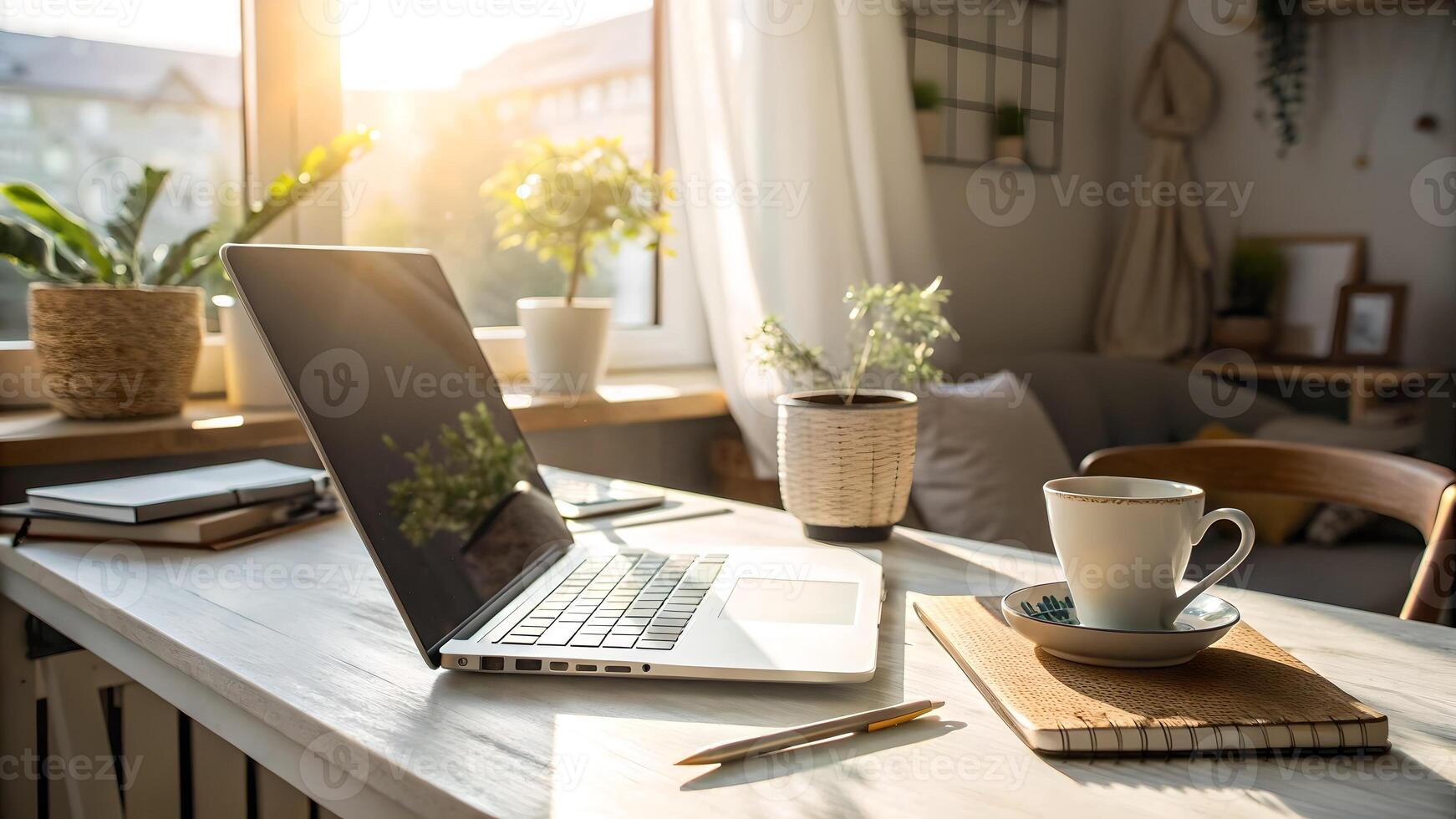 Sunny Home Office Workspace Laptop Coffee Plants 56804428 Stock Photo ... Sunny Home Office Workspace Laptop Coffee Plants 56804428 Stock Photo ...