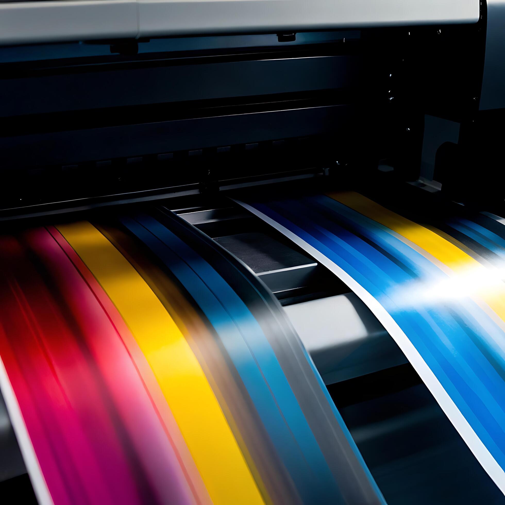 vibrante colores emergente desde un grande formato impresora demostración cmyk tinta proceso ...