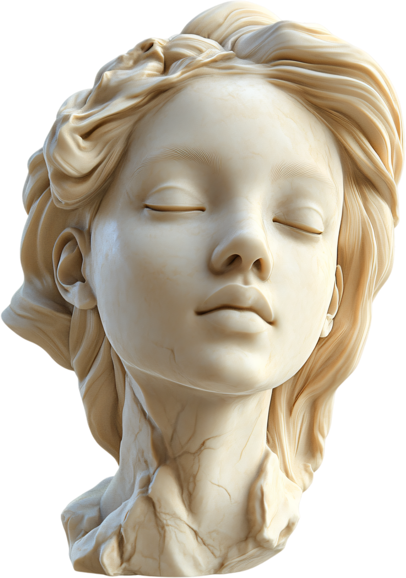 Marble bust of a serene woman with closed eyes, capturing a timeless sense of peace and ...