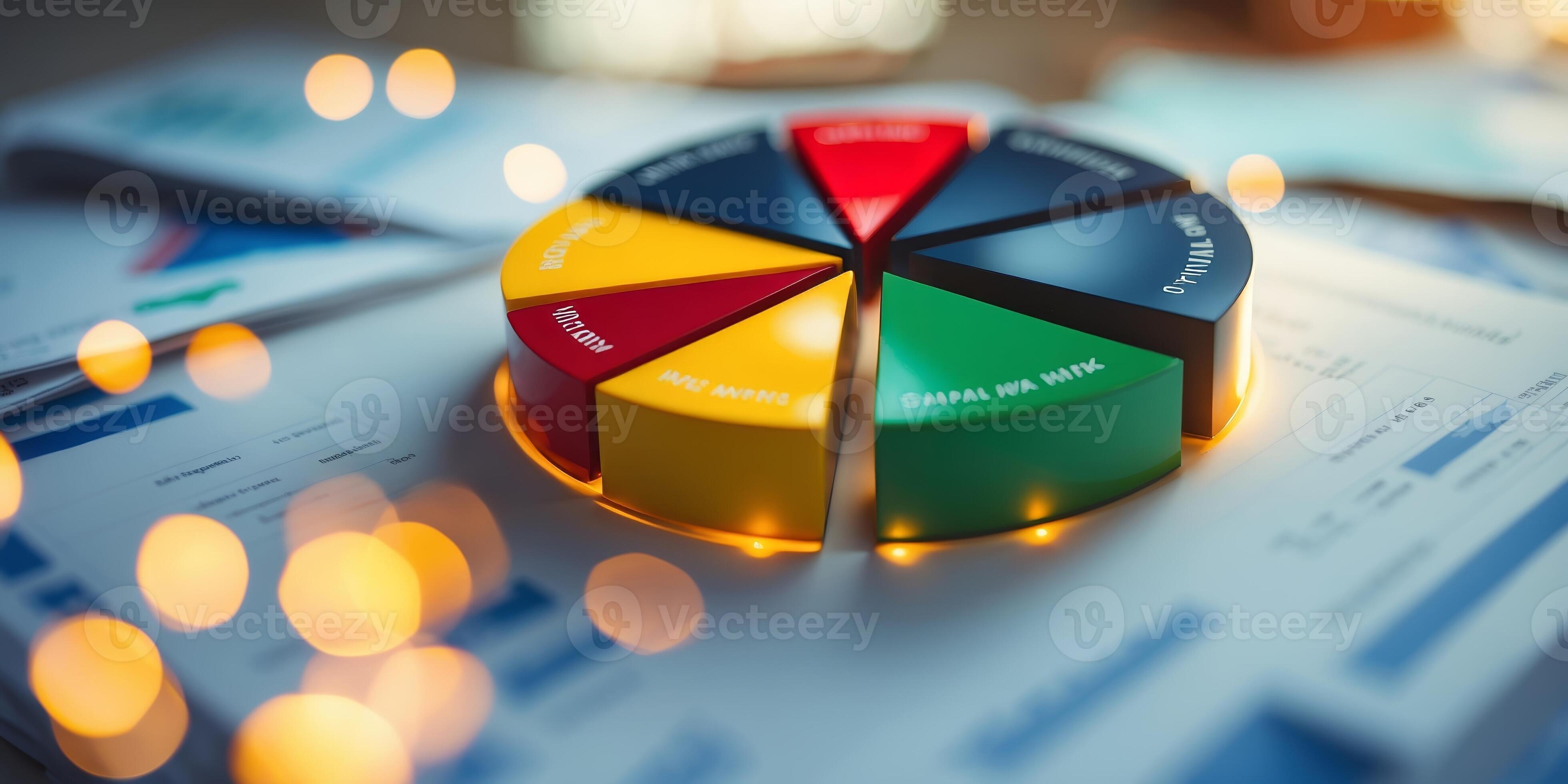 Colorful pie chart displays data analysis tools on a workspace table ...