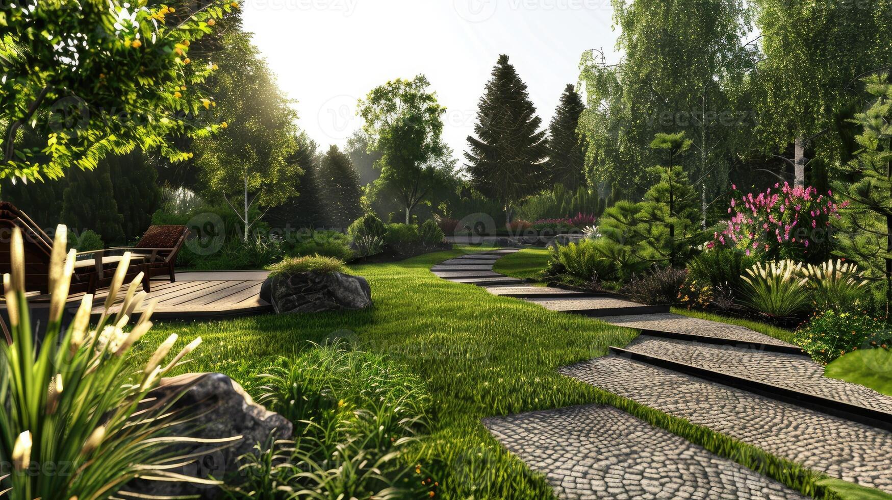 A garden with a stone path and lawn 56845970 Stock Photo at Vecteezy