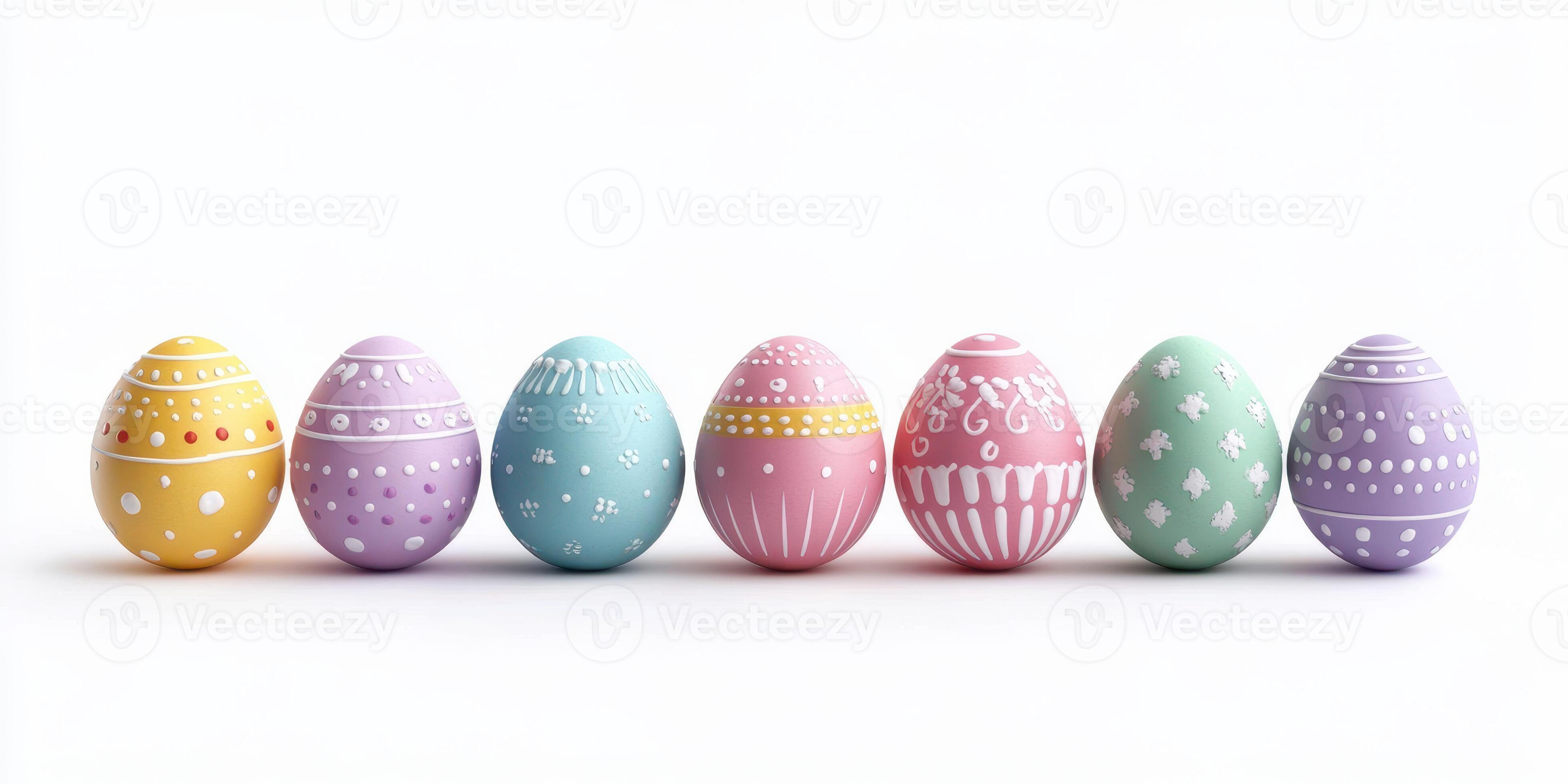 Colorful handmade Easter eggs lined up in a row on a clean background ...