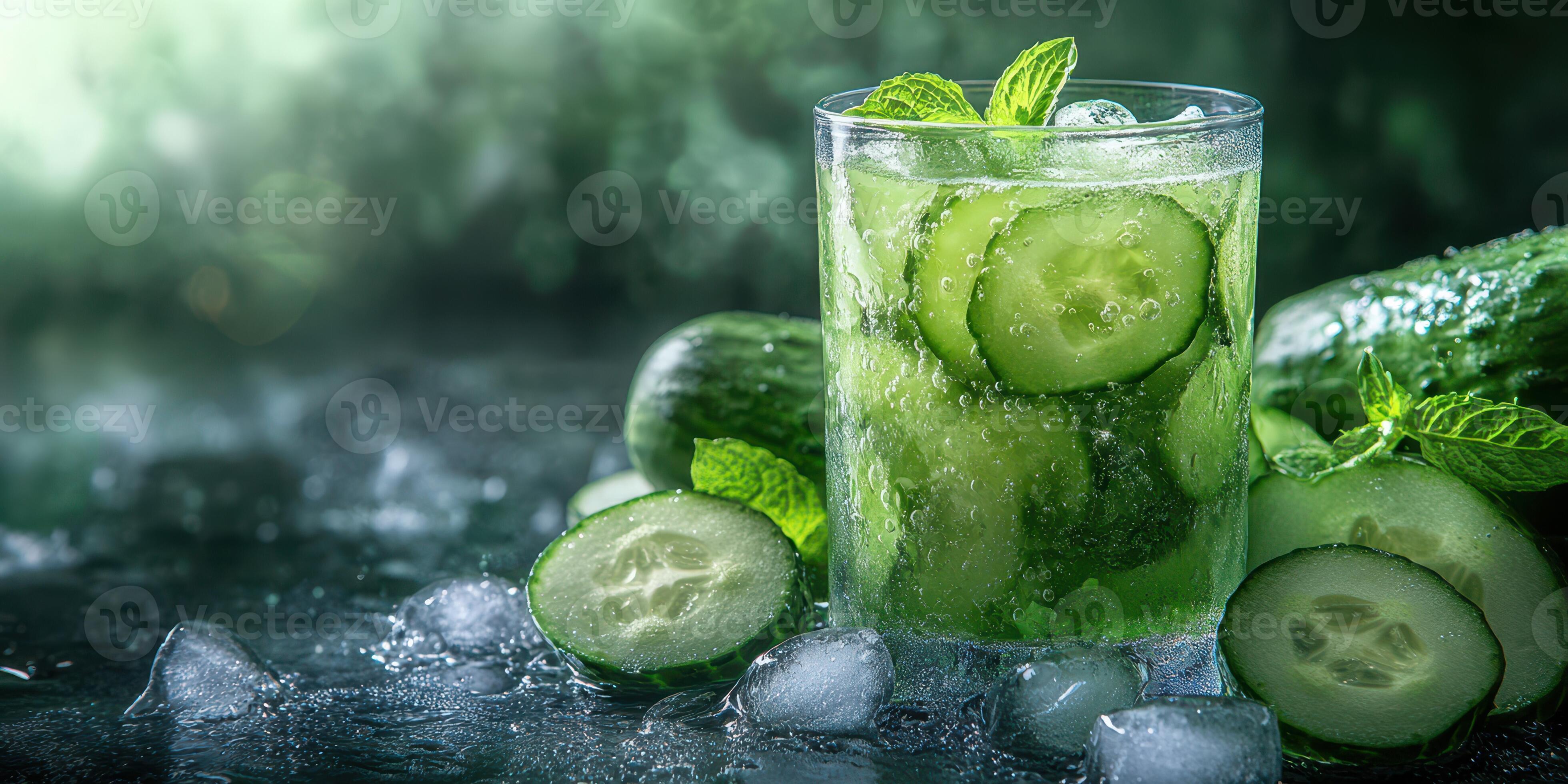 Refreshing cucumber mint drink served on ice with slices and mint leaves in a cozy setting ...