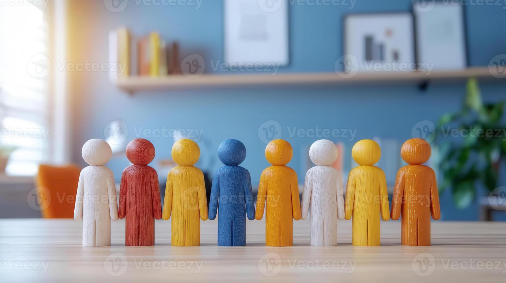 Diverse wooden figures holding hands symbolize unity and inclusion in colorful arrangement ...