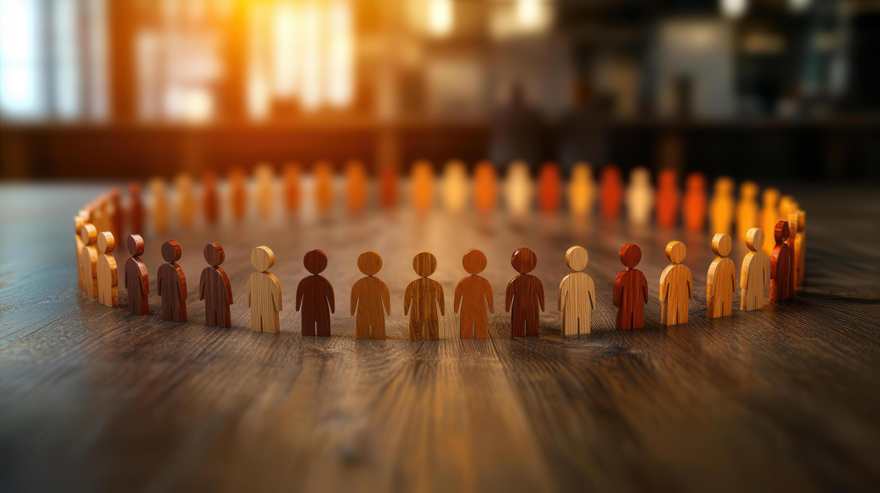 Wooden figures arranged in circle symbolize unity and community. warm lighting enhances inviting ...