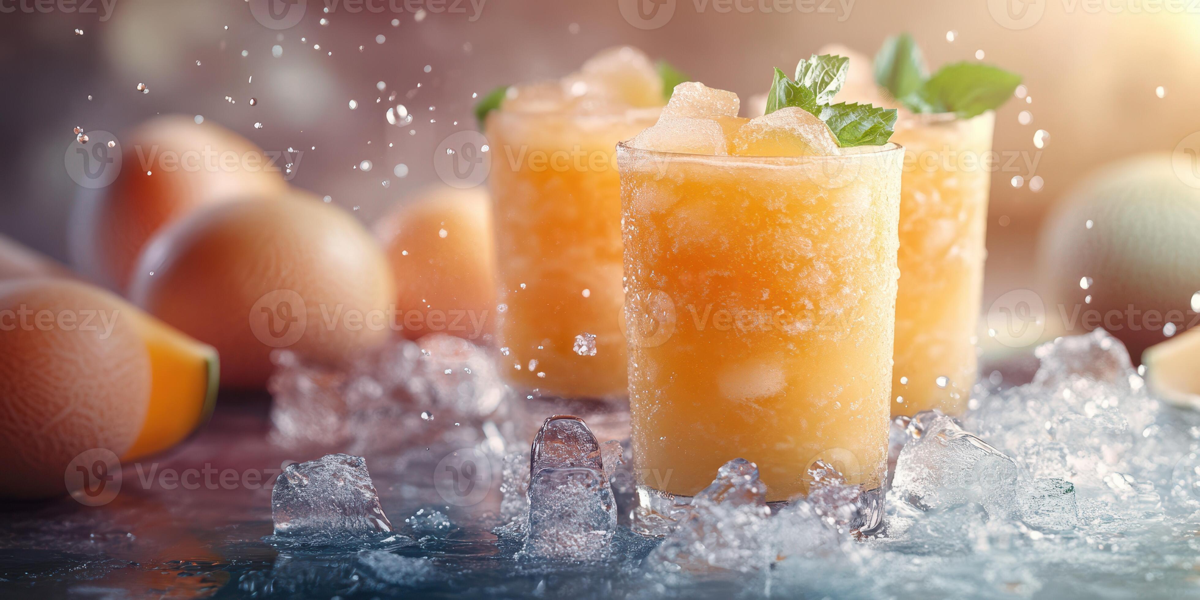 Freshly prepared tropical smoothies served over ice with mint garnishes in a bright, sunlit ...