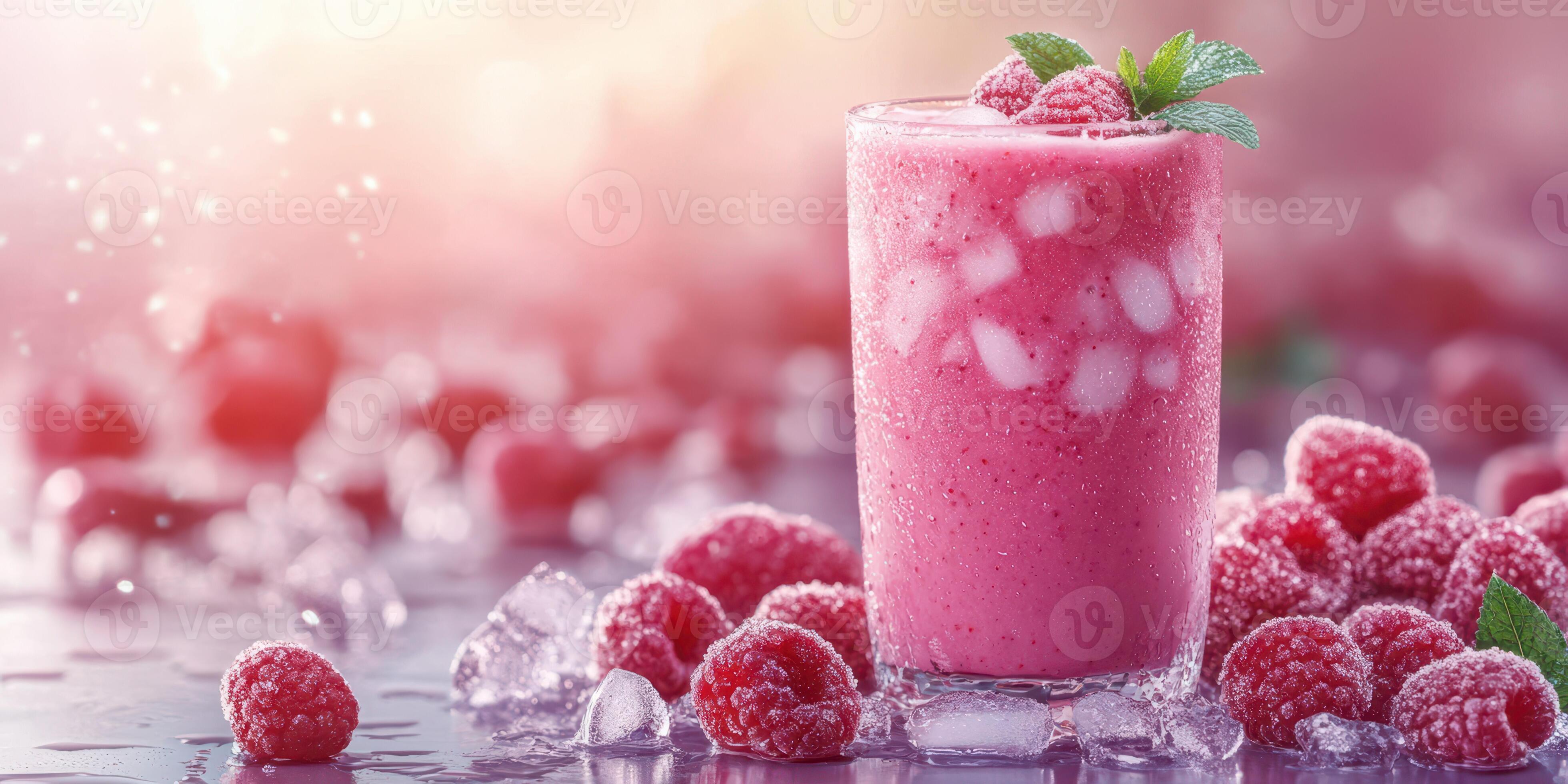 Refreshing raspberry smoothie served in a glass surrounded by fresh raspberries and ice cubes in ...