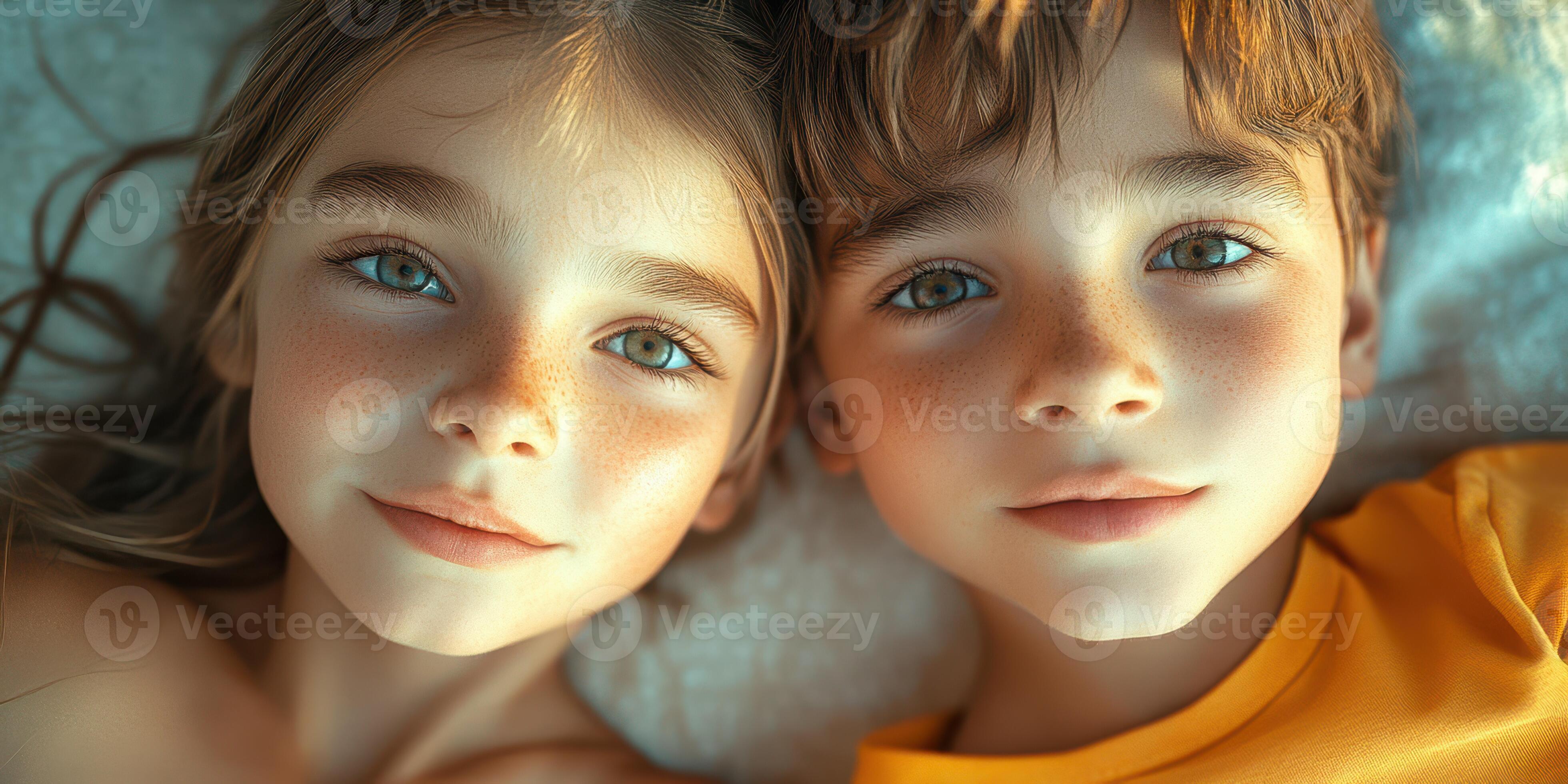 Siblings sharing a joyful moment with bright eyes and smiles in a cozy ...