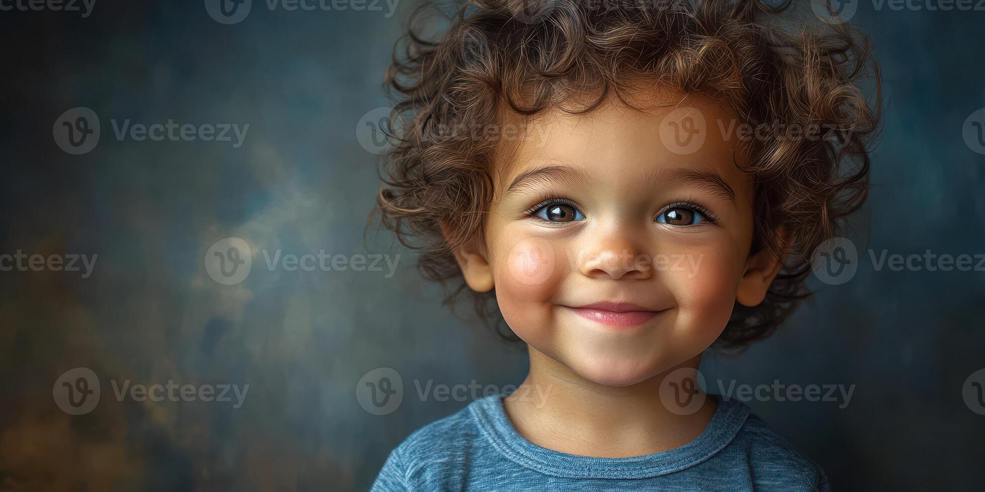 Young child with curly hair smiles brightly in a softly lit setting ...